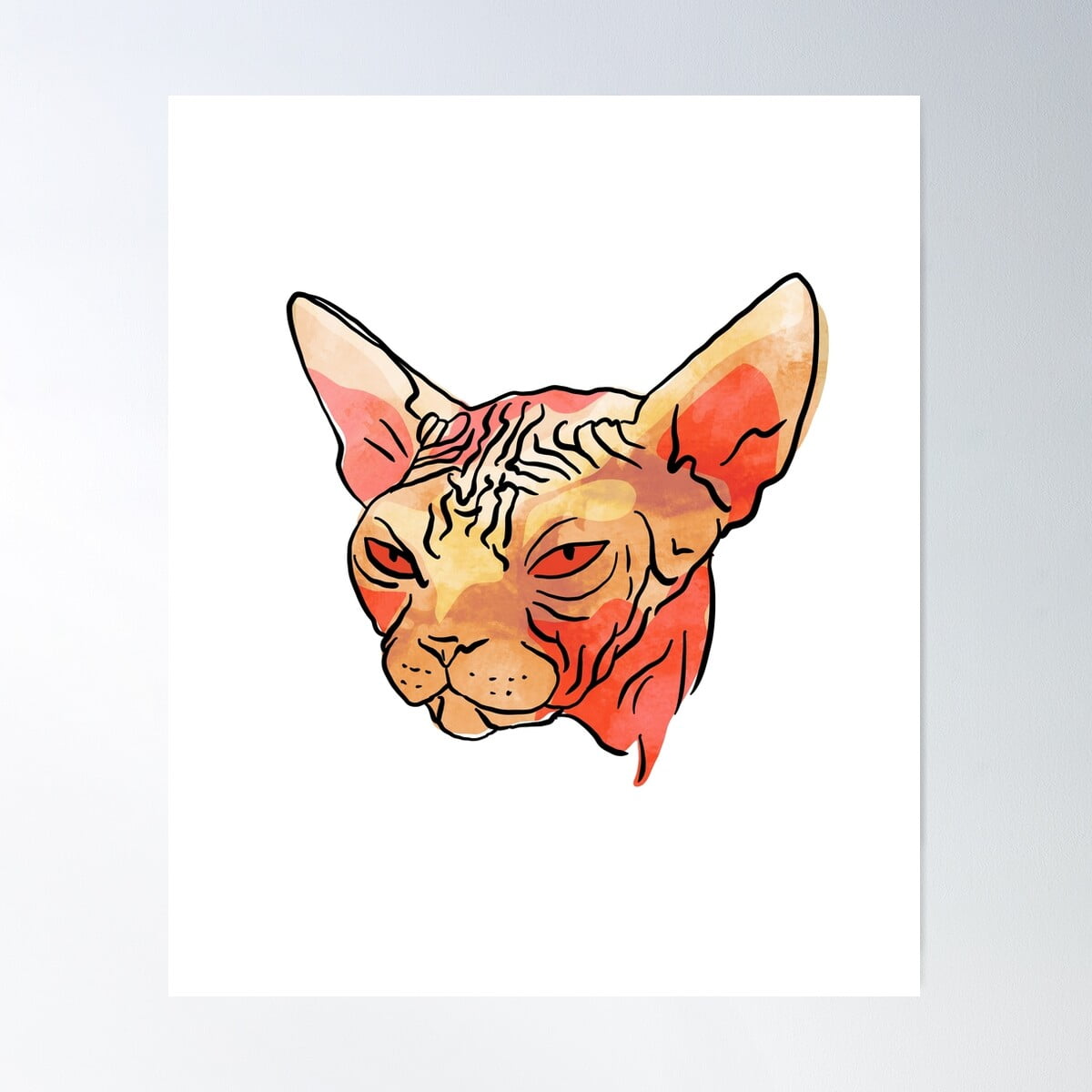 Grumpy Sphynx Cat - Funny Wrinkly Naked Kitty - Hot Red Painterly ...