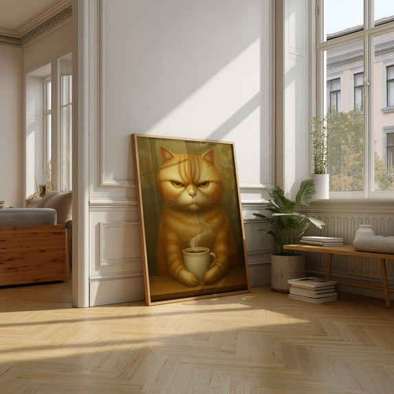 Grumpy Tabby Cat Coffee Art Print, Whimsical Kitchen Decor Home Decor ...