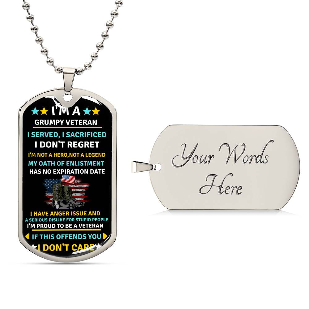 Grumpy Veteran Dog Tag - Graphic Military Dog Tag Necklace (Optional ...