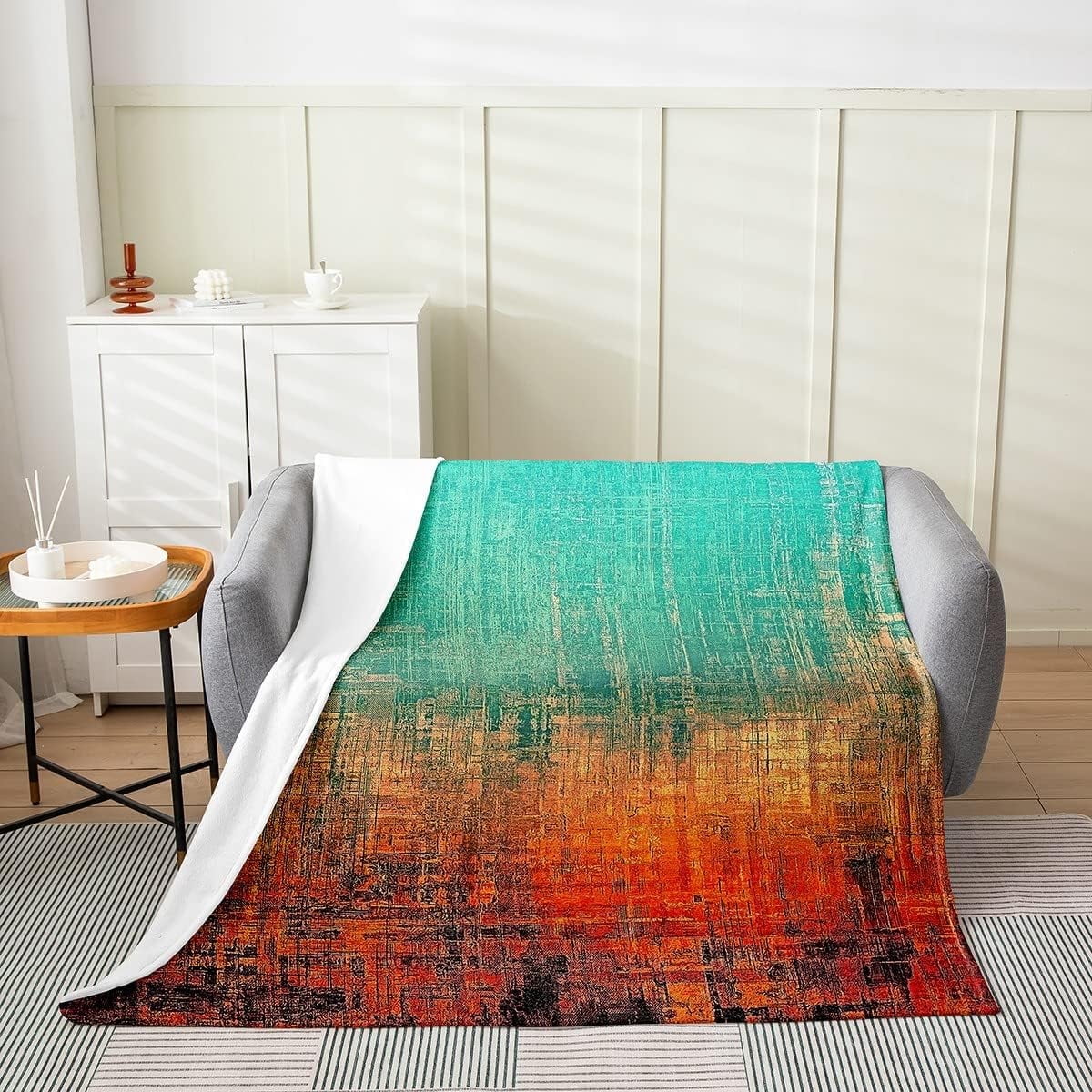 Grunge Abstract Art Bed Throw Blanket Kids Teal and Orange Messy Rust ...