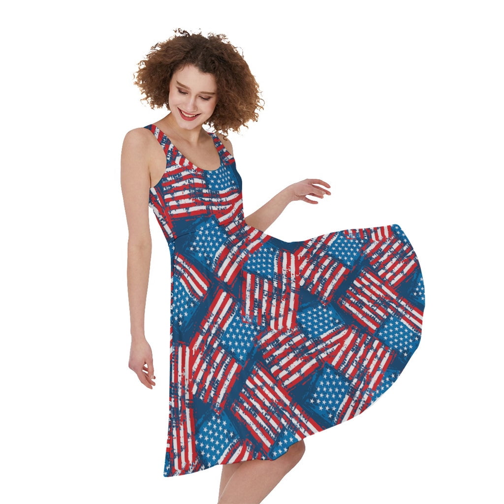 Grunge American Flag Pattern Print Sleeveless Knee Length Dress ...
