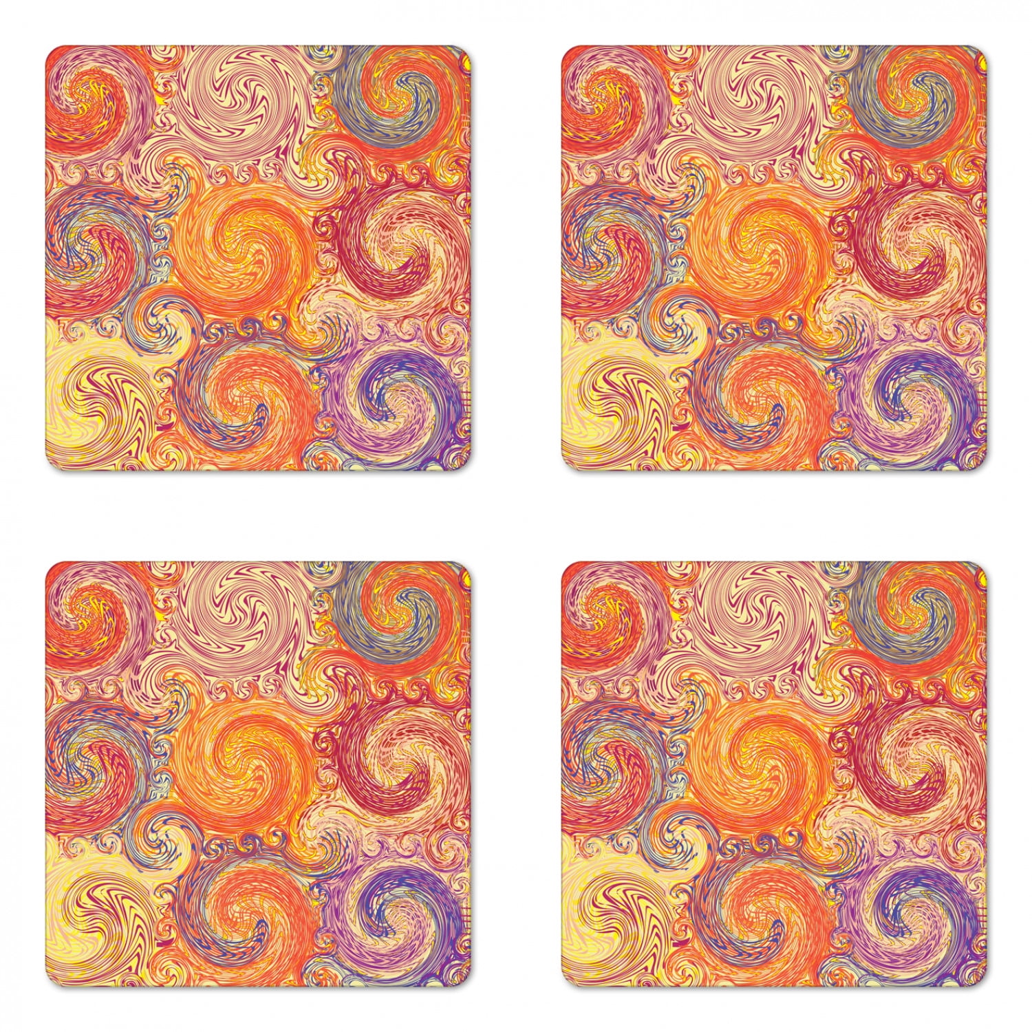 Grunge Coaster Set of 4, Grunge Swirl Patterns Brush Style Waterpool Waves Nested Colors Boho ...