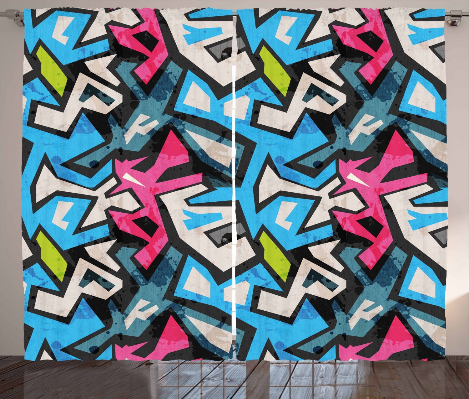 Ambesonne Grunge Curtains 2 Panel Set, Street Art Graffiti Funk, 108" x ...
