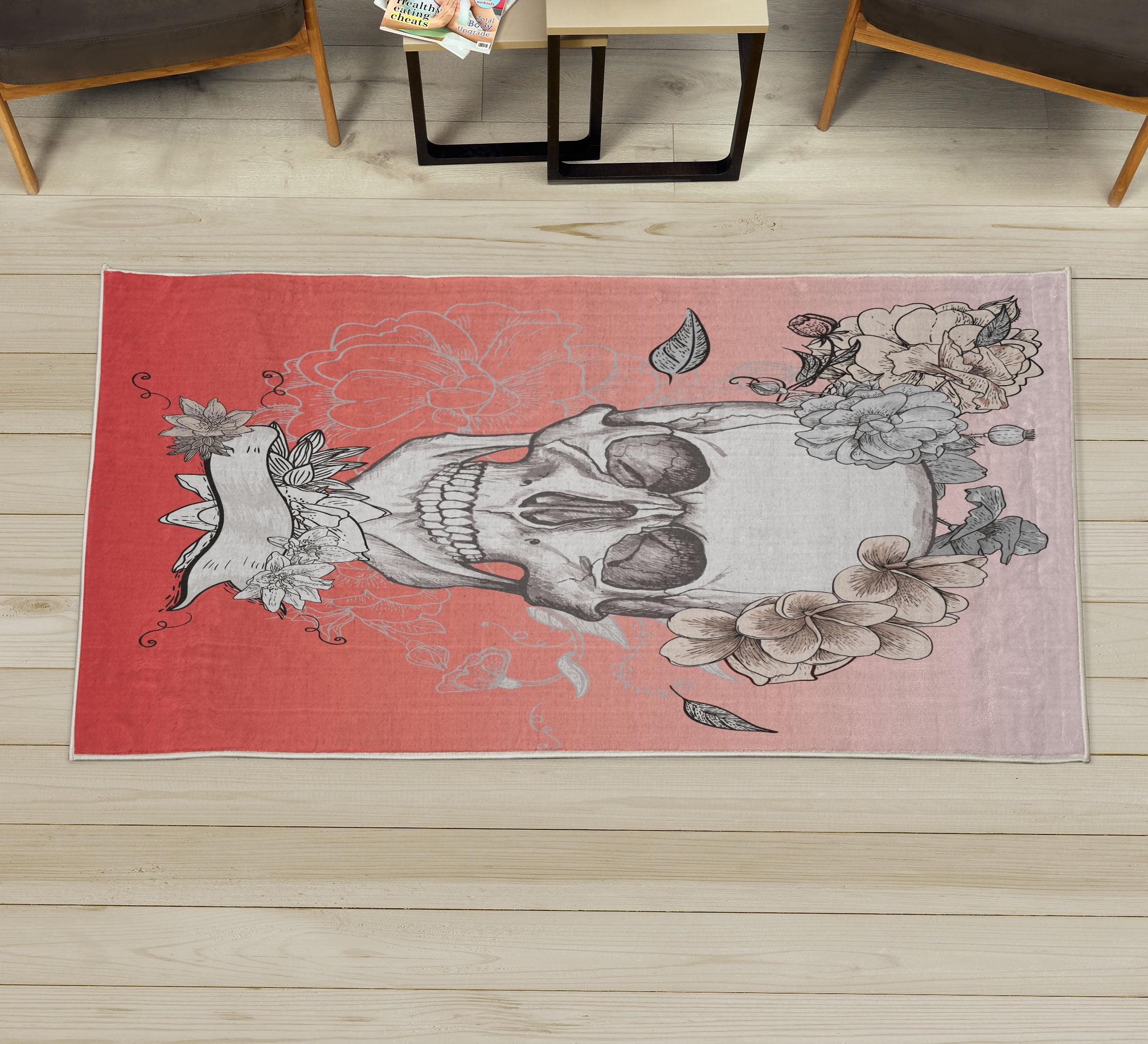 Grunge Decorative Rug, Skull and Flowers Day of the Dead Mexican ...