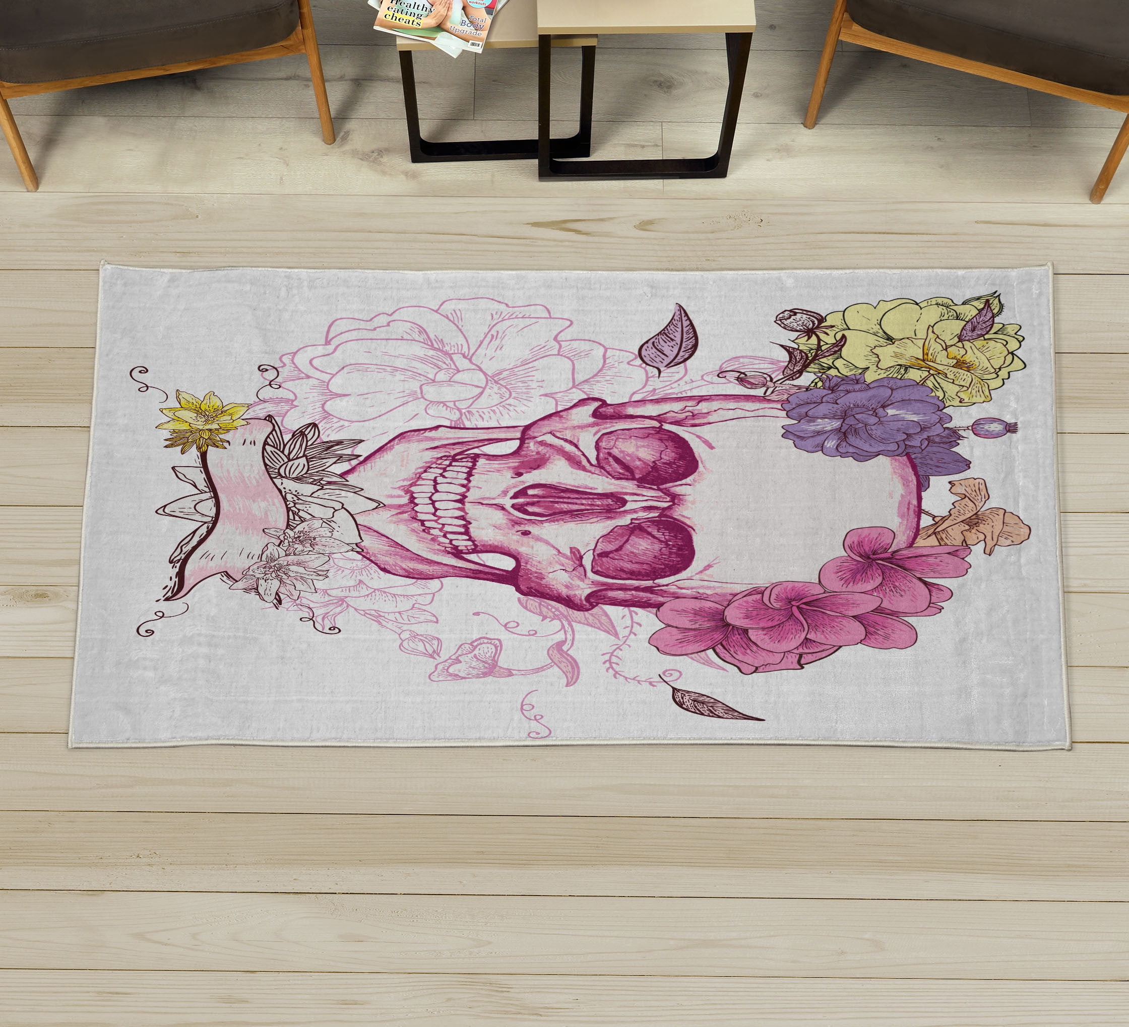 Grunge Decorative Rug, Skull and Flowers Day of the Dead Mexican ...