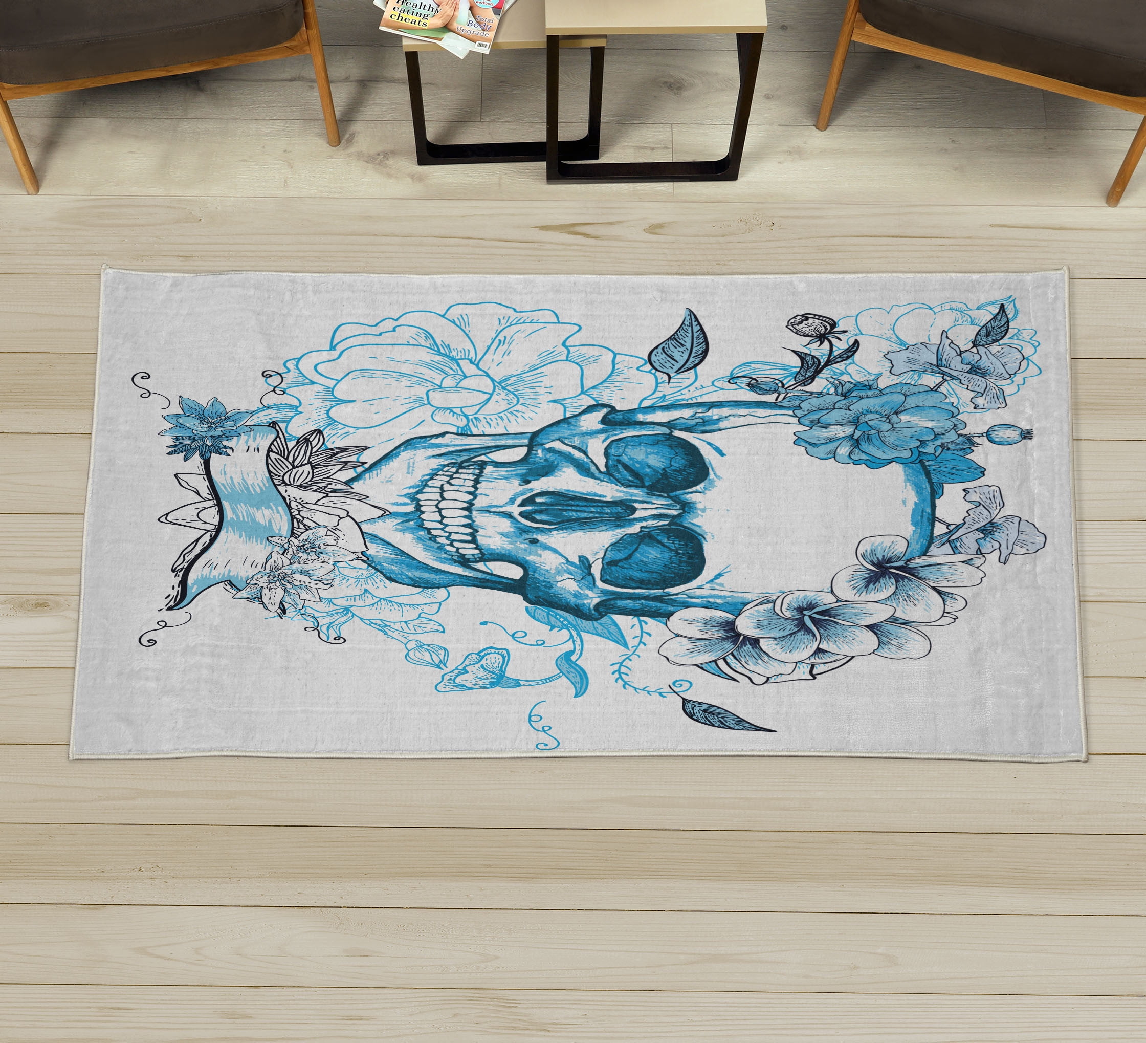 Grunge Decorative Rug, Skull and Flowers Day of the Dead Mexican ...