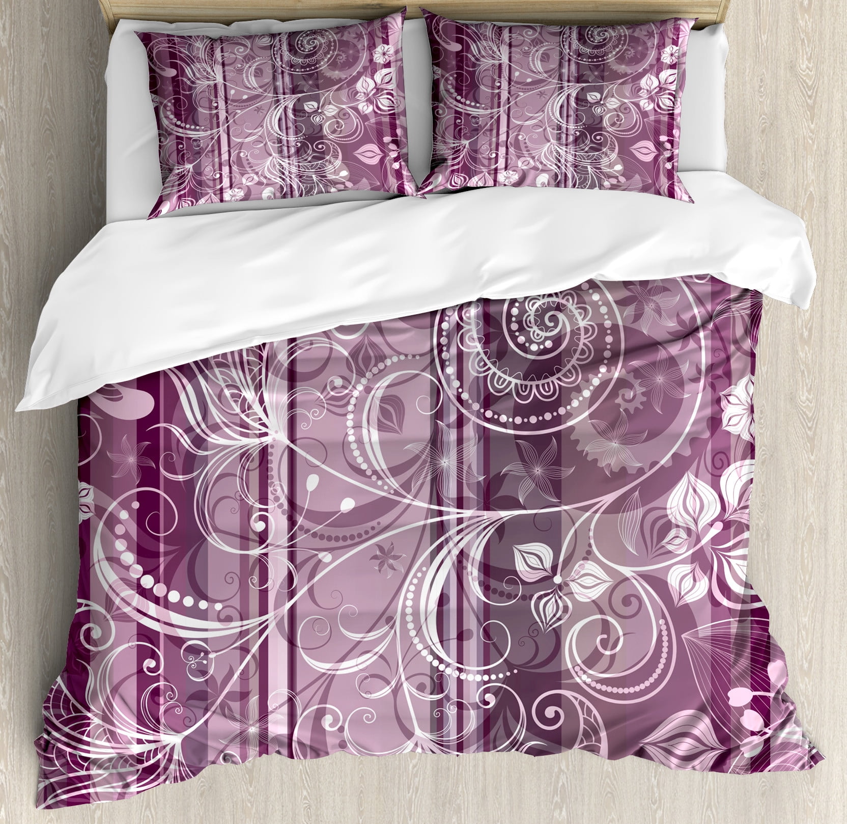 Grunge Duvet Cover Set, Flowers and Leaves with Curved Stems Ornate ...