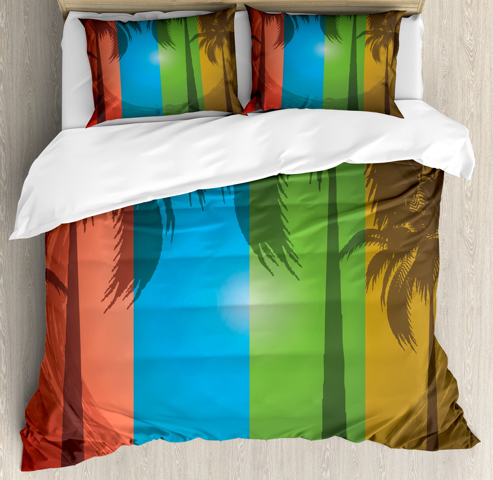Grunge Duvet Cover Set, Palm Trees Silhouette on Colorful Vertical ...