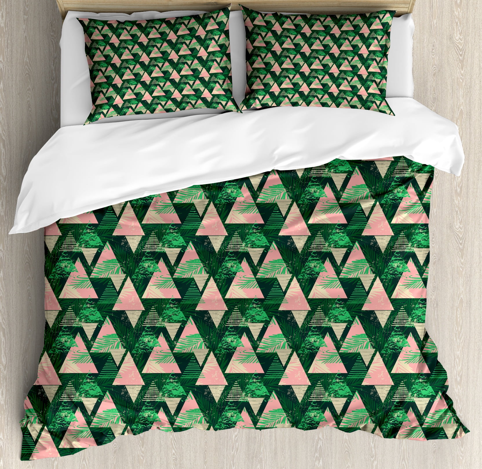 Grunge Duvet Cover Set, Triangles Inner Murky Leaves and Stripes ...
