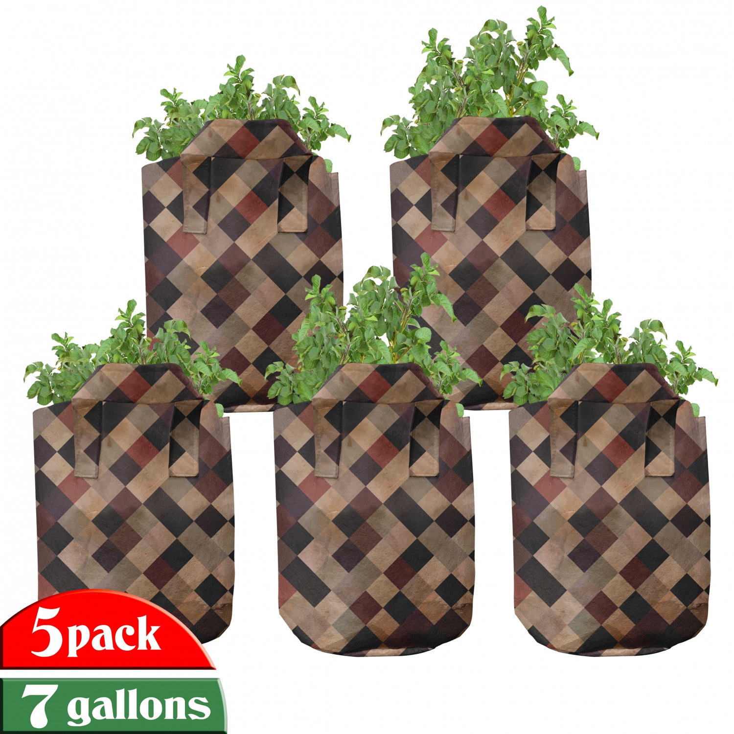 Grunge Grow Bags 5-Pack, Antique Brown Toned Grid, Heavyduty Fabric ...