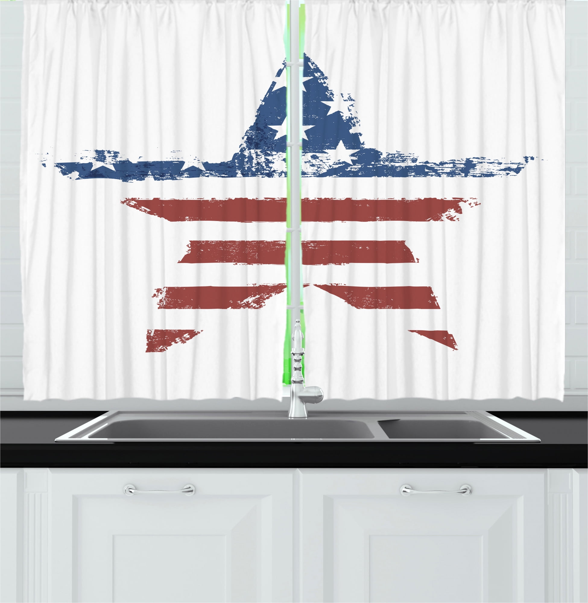 Grunge Kitchen Curtains, American Flag Print as Star Shaped Stripes ...