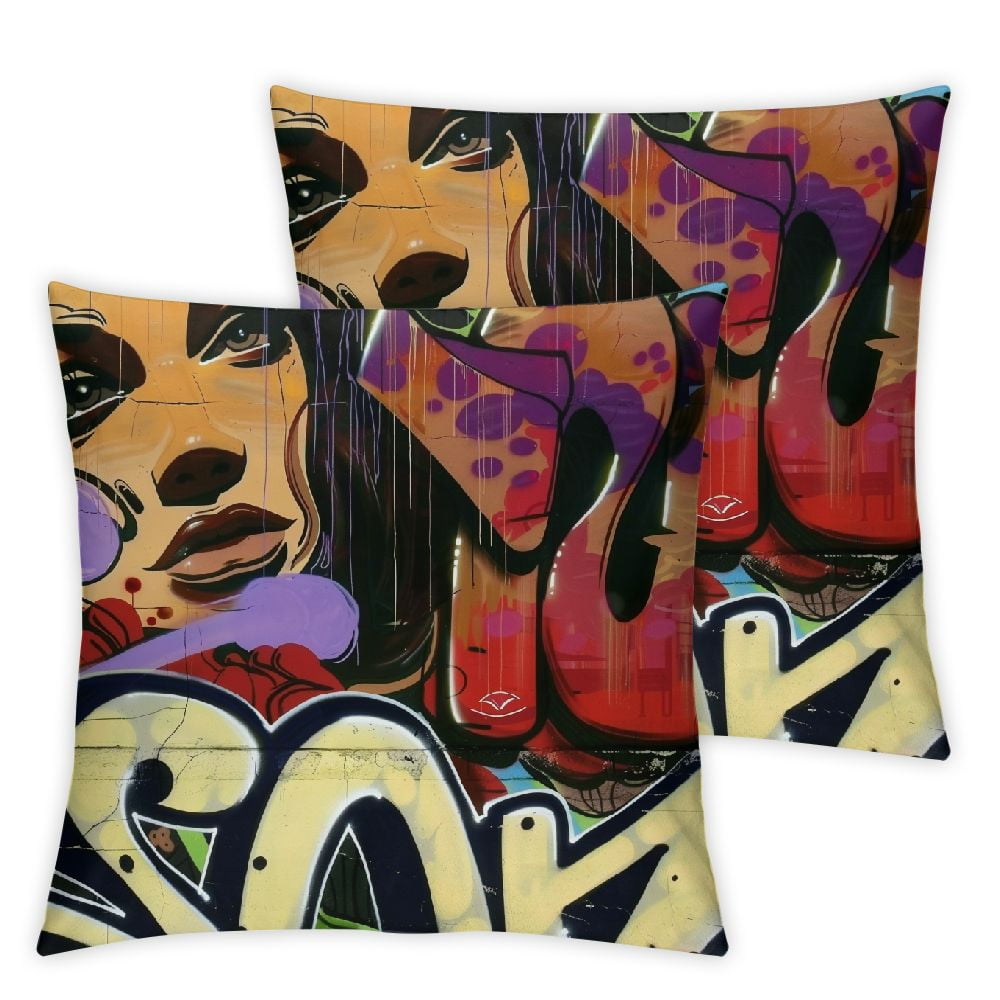 Grunge Pillow Cushion Cover, Street Art Theme, Colorful Graffiti Fun ...