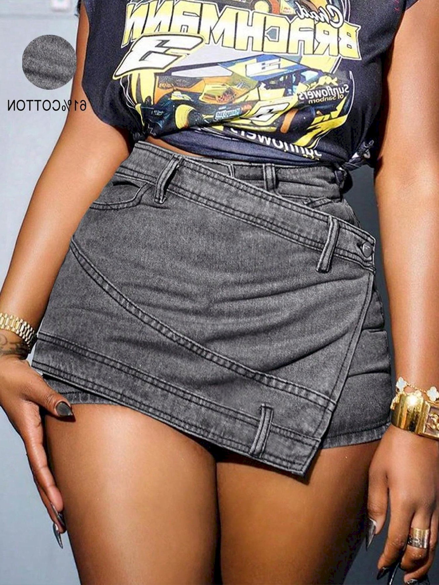 Grunge Punk Street New Vintage Stretchy Overlap Waist Wrap Irregular Hem A-Line Skinny Denim ...