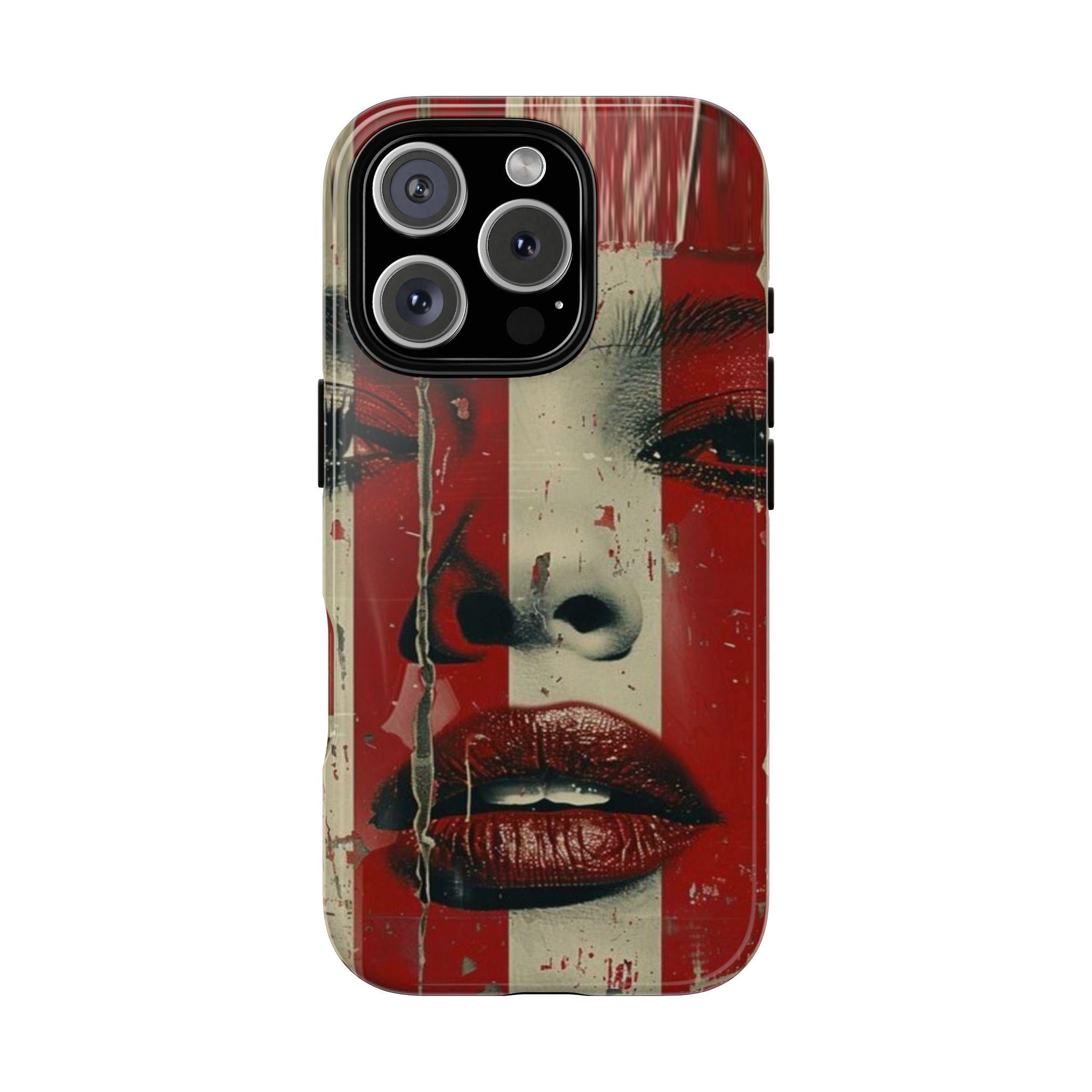 Grunge Red Lips Face Phone Case Bold Portrait Art for iPhone 17 16 15 ...