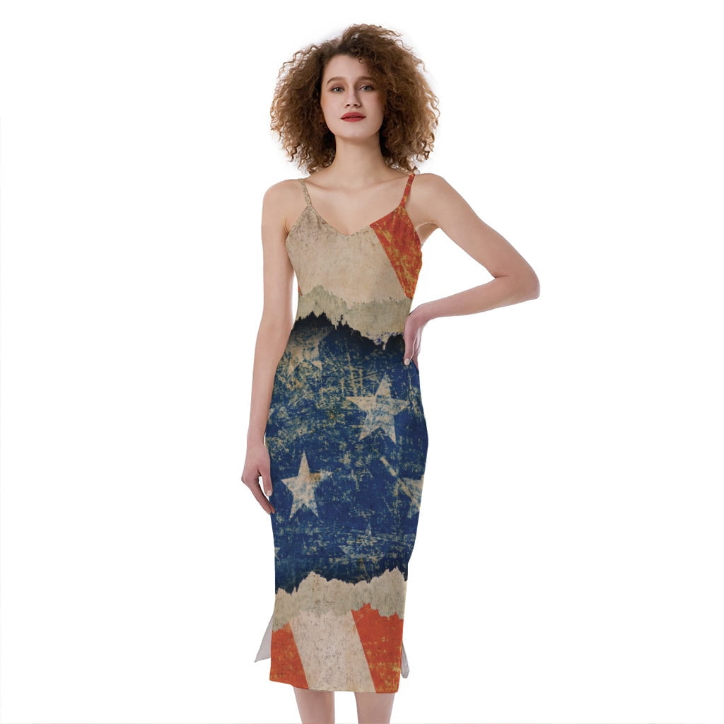 Grunge Ripped Paper American Flag Print Slim Fit Midi Cami Dress ...