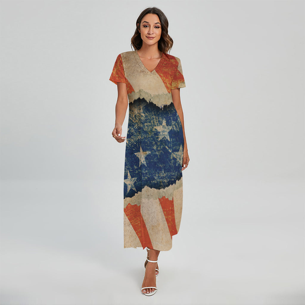 Grunge Ripped Paper American Flag Printed Short Sleeve Maxi Dress ...