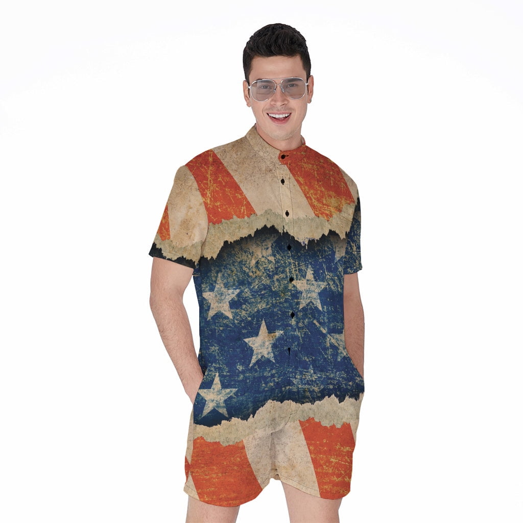 Grunge Ripped Paper American Flag Short Sleeve Men'S Rompers, American ...