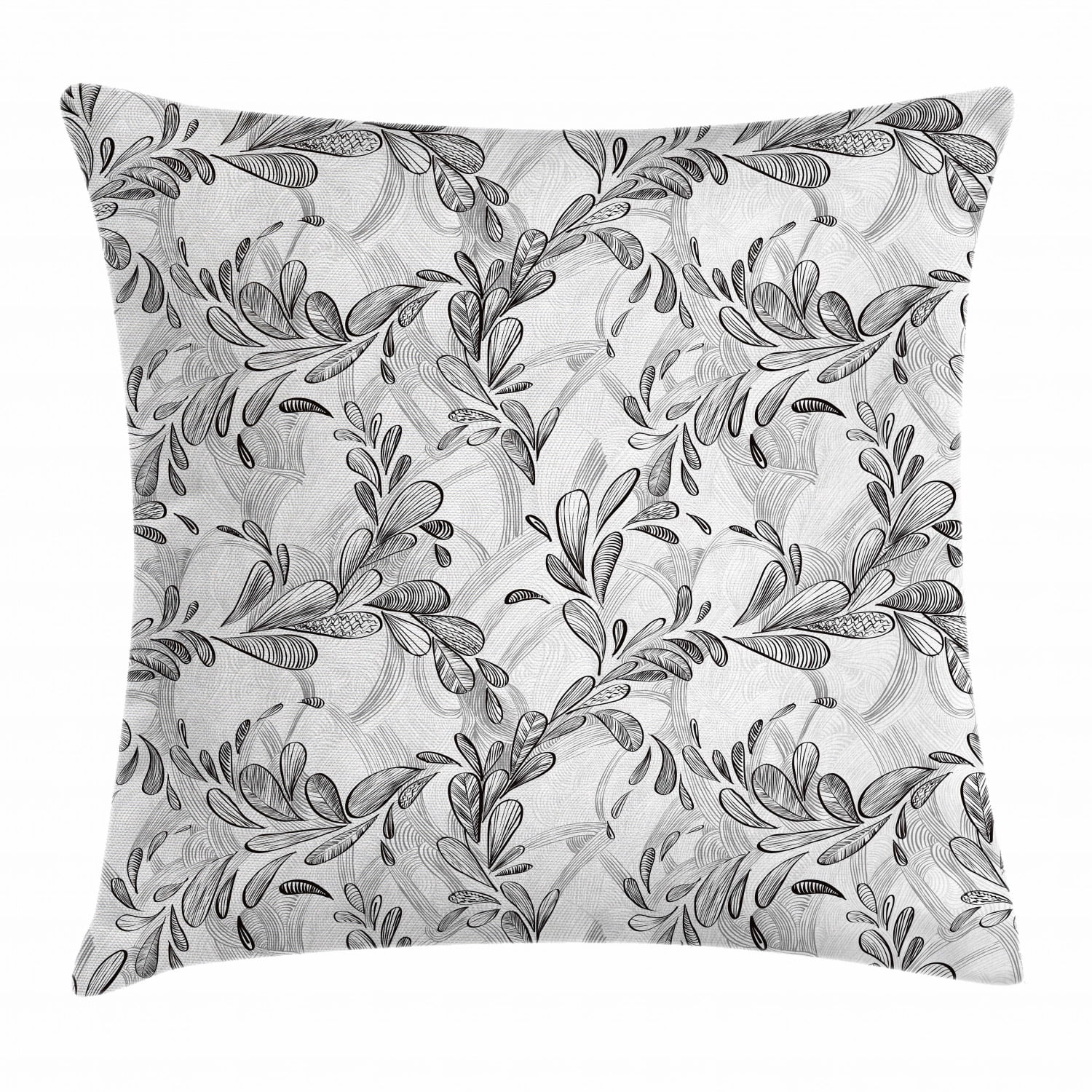 Grunge Throw Pillow Cushion Cover, Monochrome Line Art Style Leaves ...