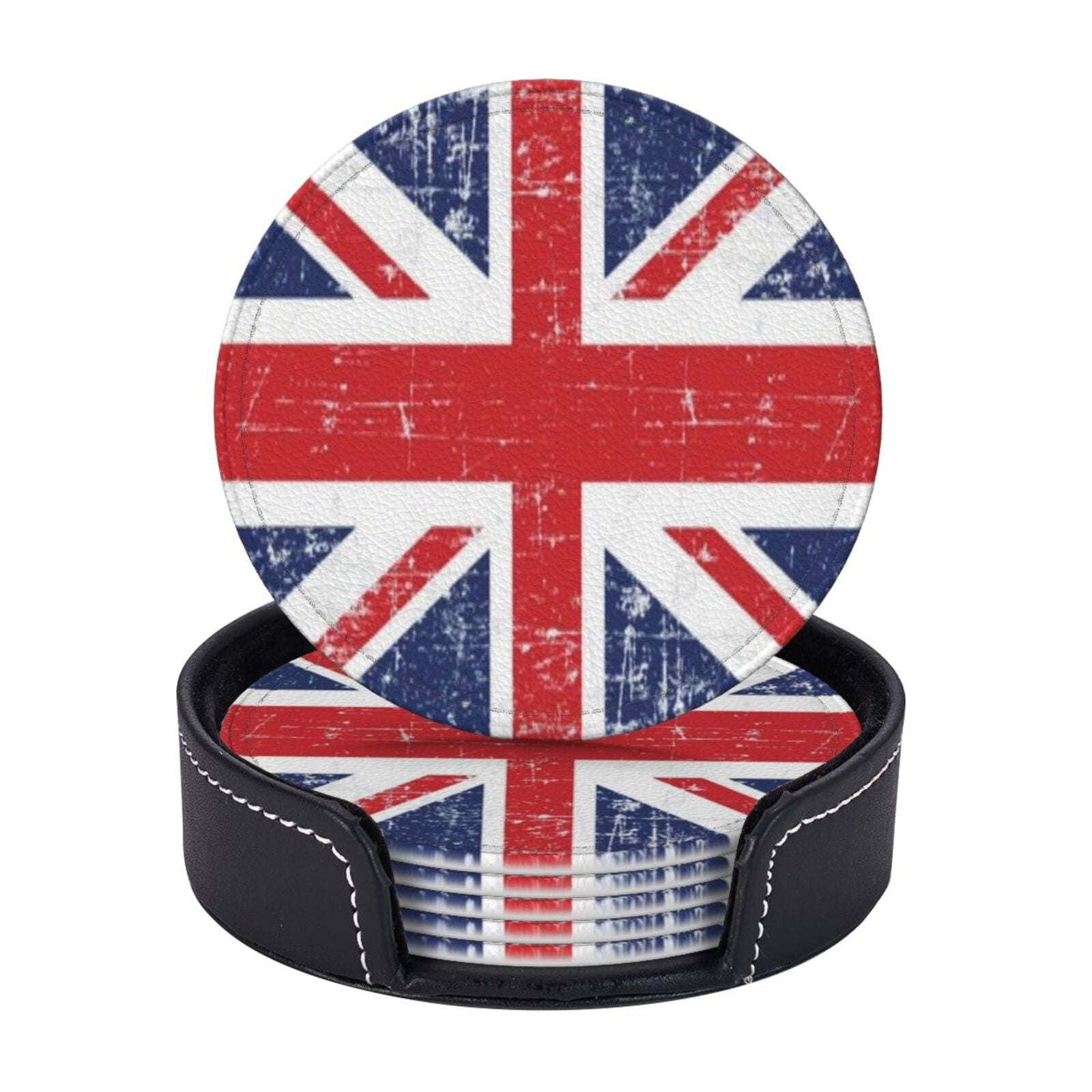 Grunge Uk Flag British Flag Coasters With Leather Holder Set Of 6 Round ...
