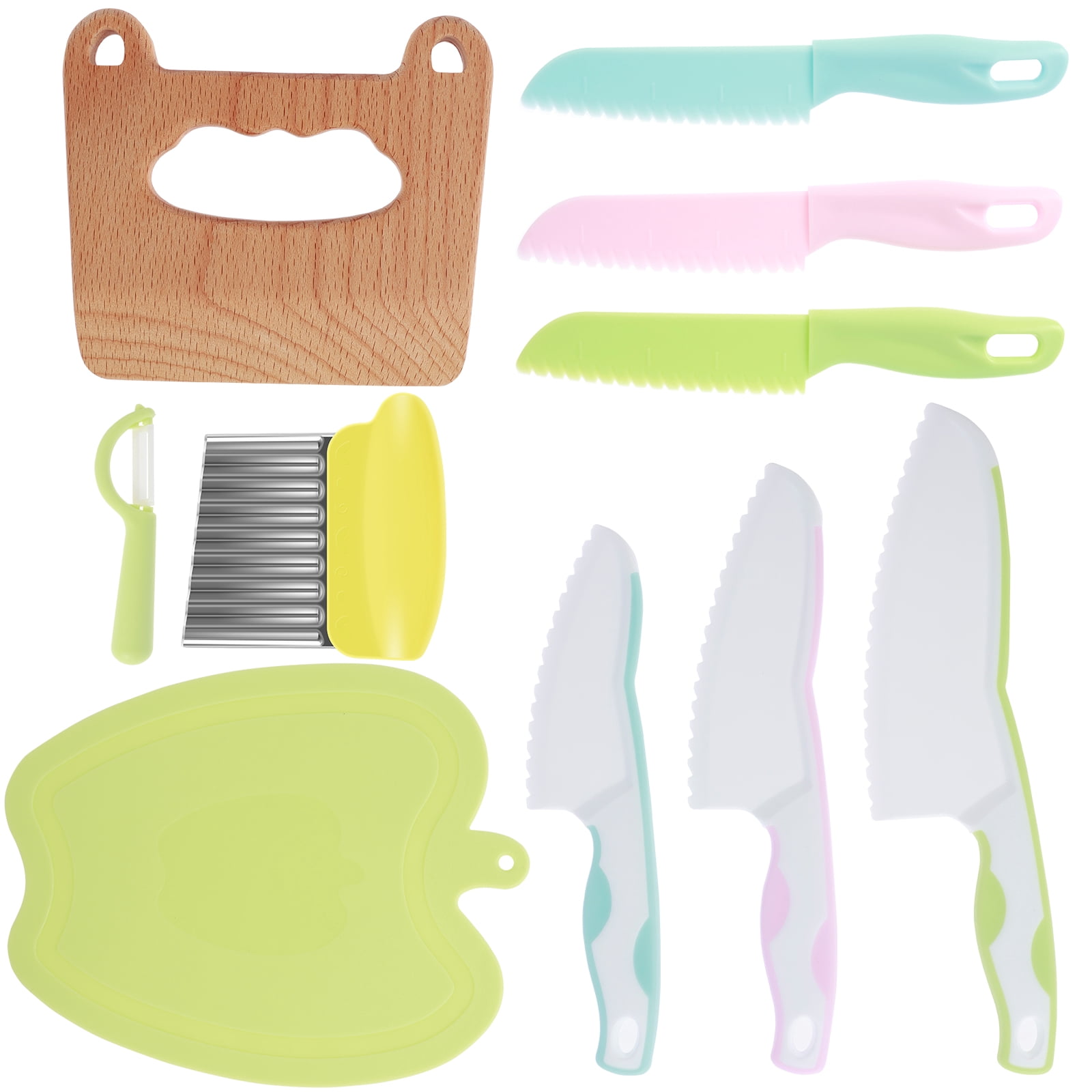 Grusce 10 Pcs Wooden Kids Kitchen Knife Set Include Wood Kids Safe ...