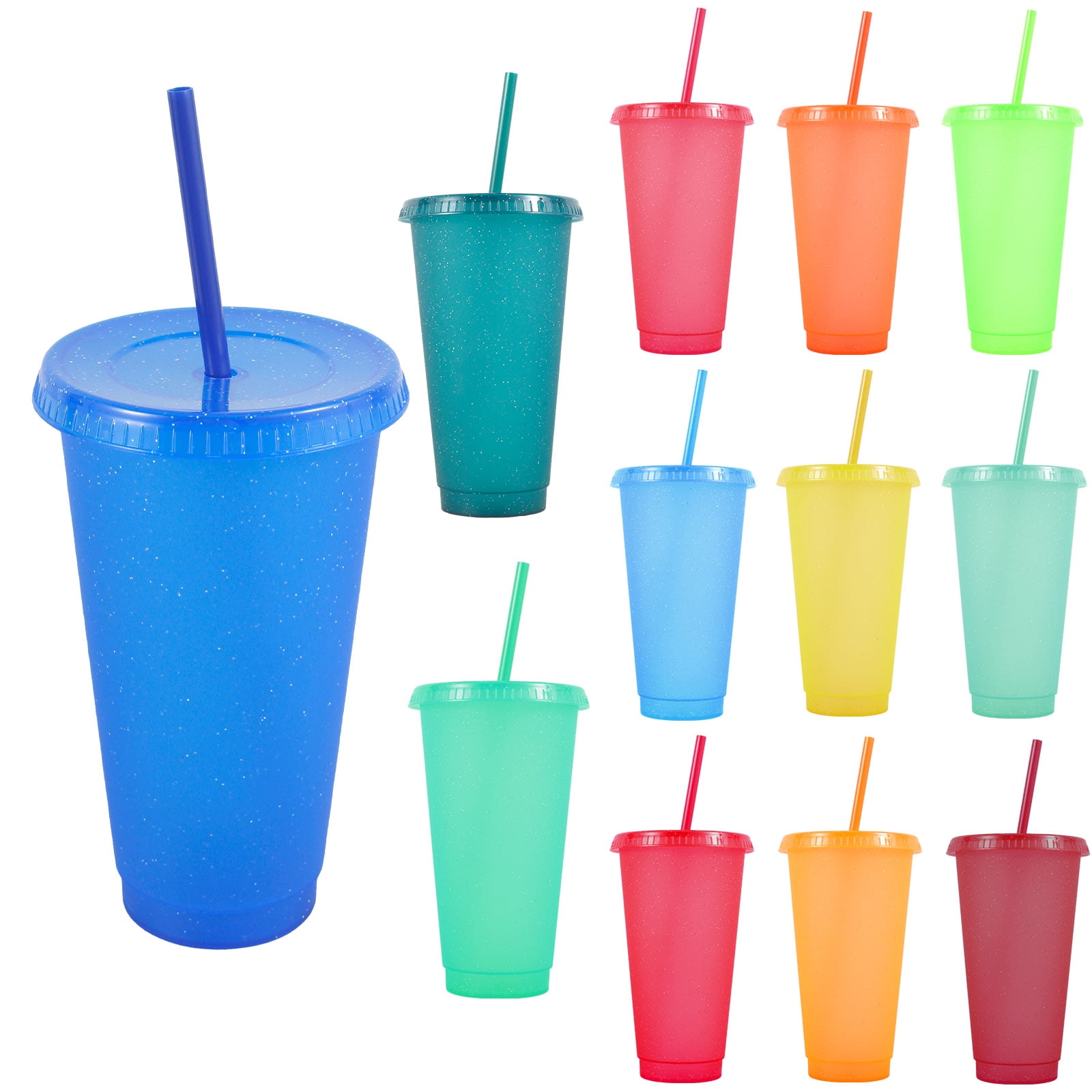 Grusce 12 Pcs Cups with Lids and Straws 24 oz Reusable Plastic Cups ...