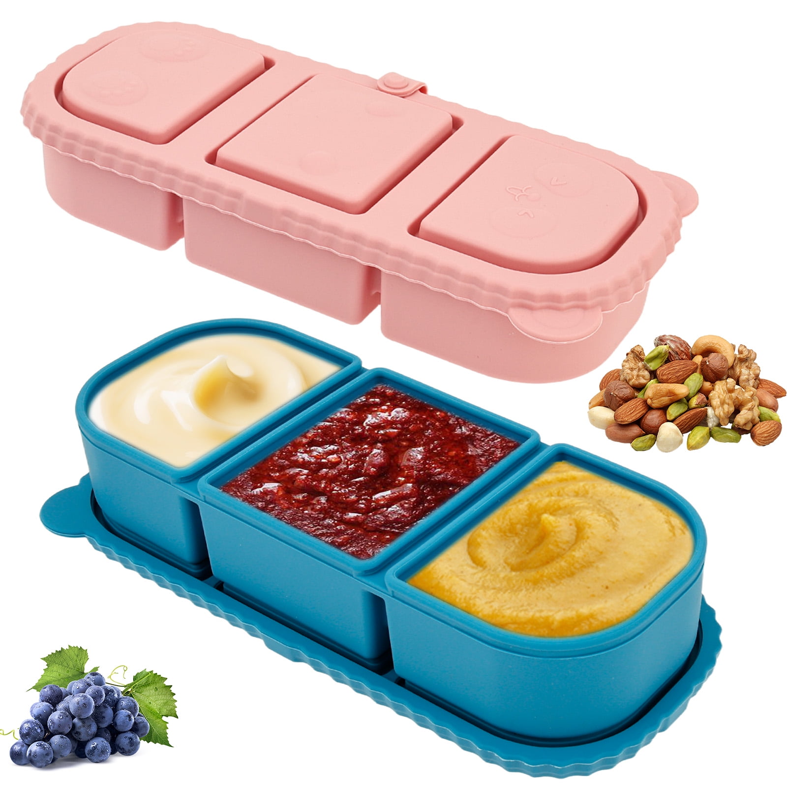 Grusce 2 Pack Silicone Snack Container, 3 Compartment Snackle Box ...