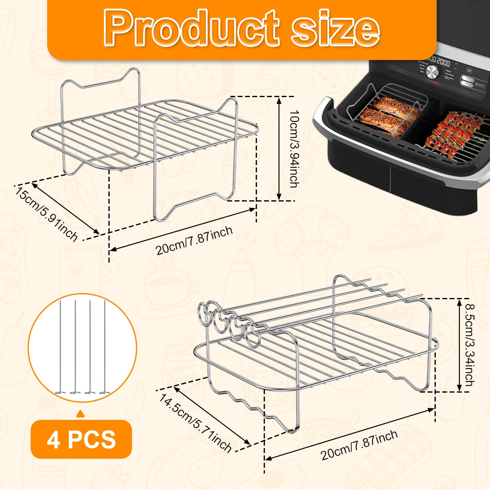 Grusce 2 Pcs Air Fryer Racks 304 Stainless Steel Skewer Rack for Air ...
