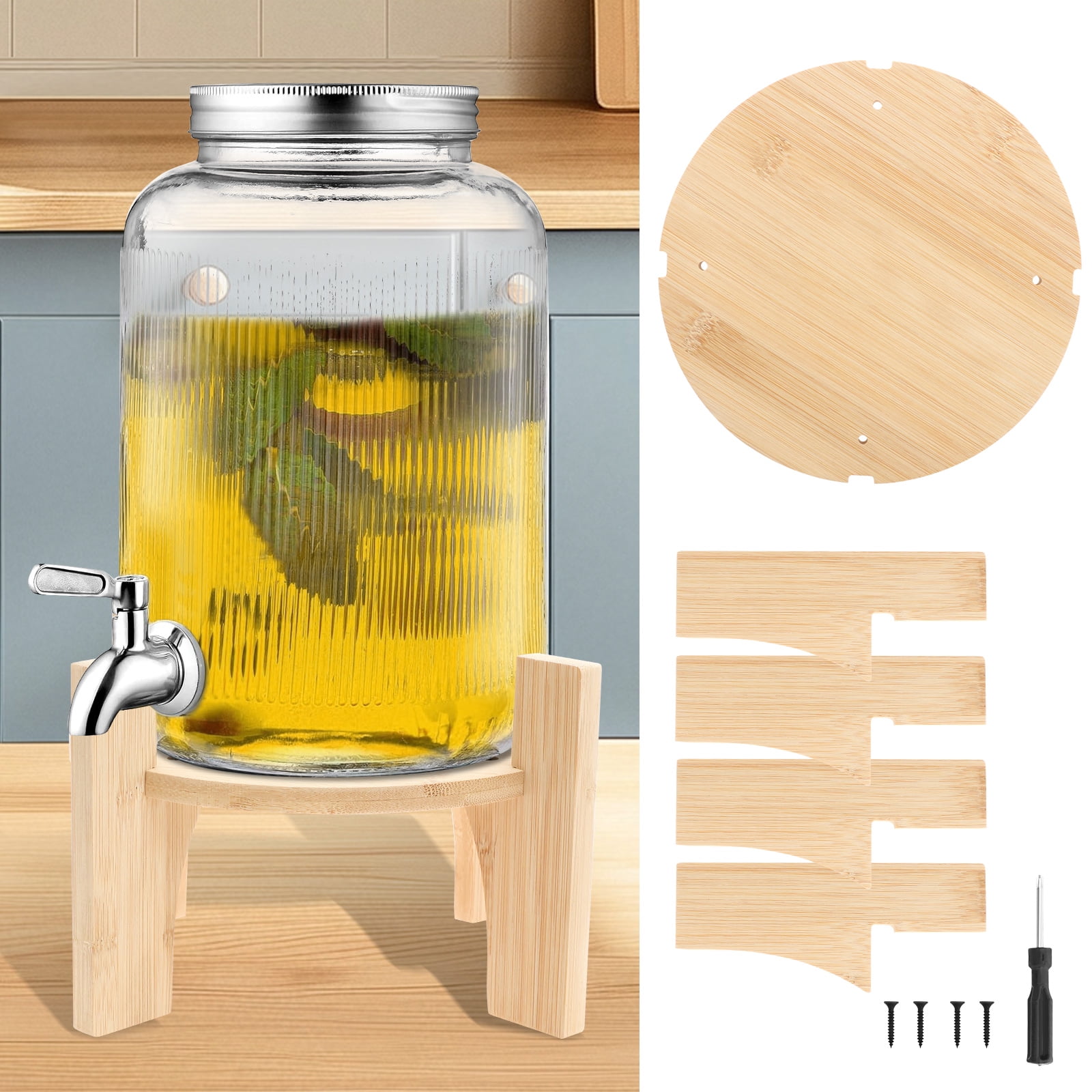 Grusce 2 Sets Beverage Dispenser Stand, Bamboo Wood Juice Dispenser ...