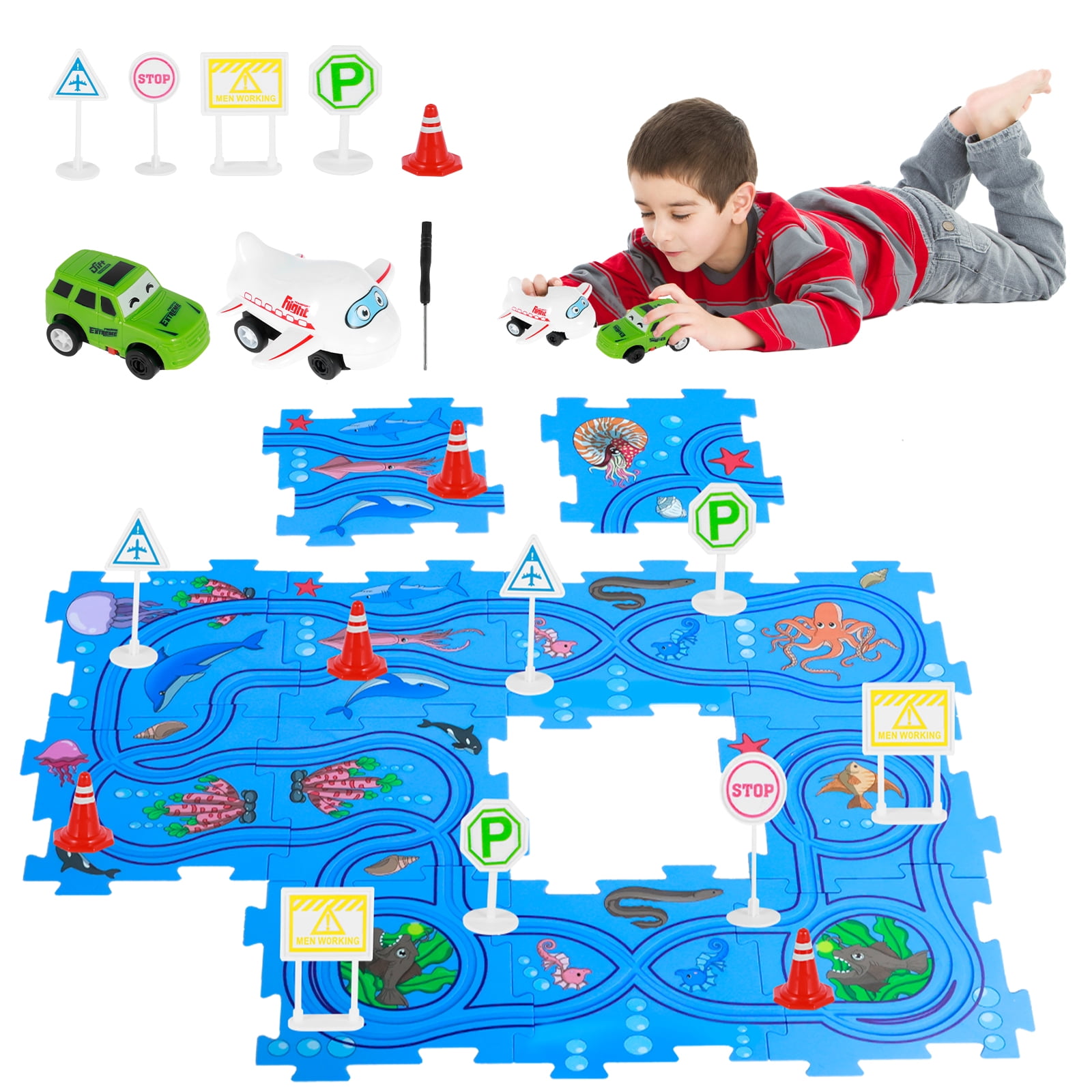 Grusce 27Pcs Puzzle Track Car Play Set with Vehicles Toddler Puzzle Car ...