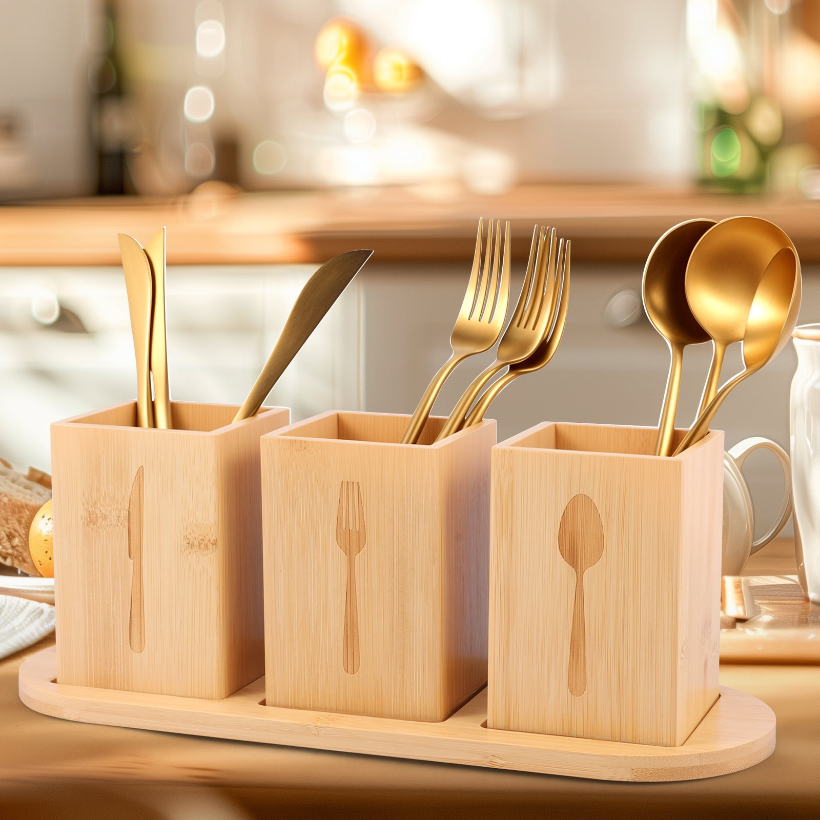 Grusce 3PCS Silverware Caddy for Countertop, Natural Wood Utensil Caddy ...