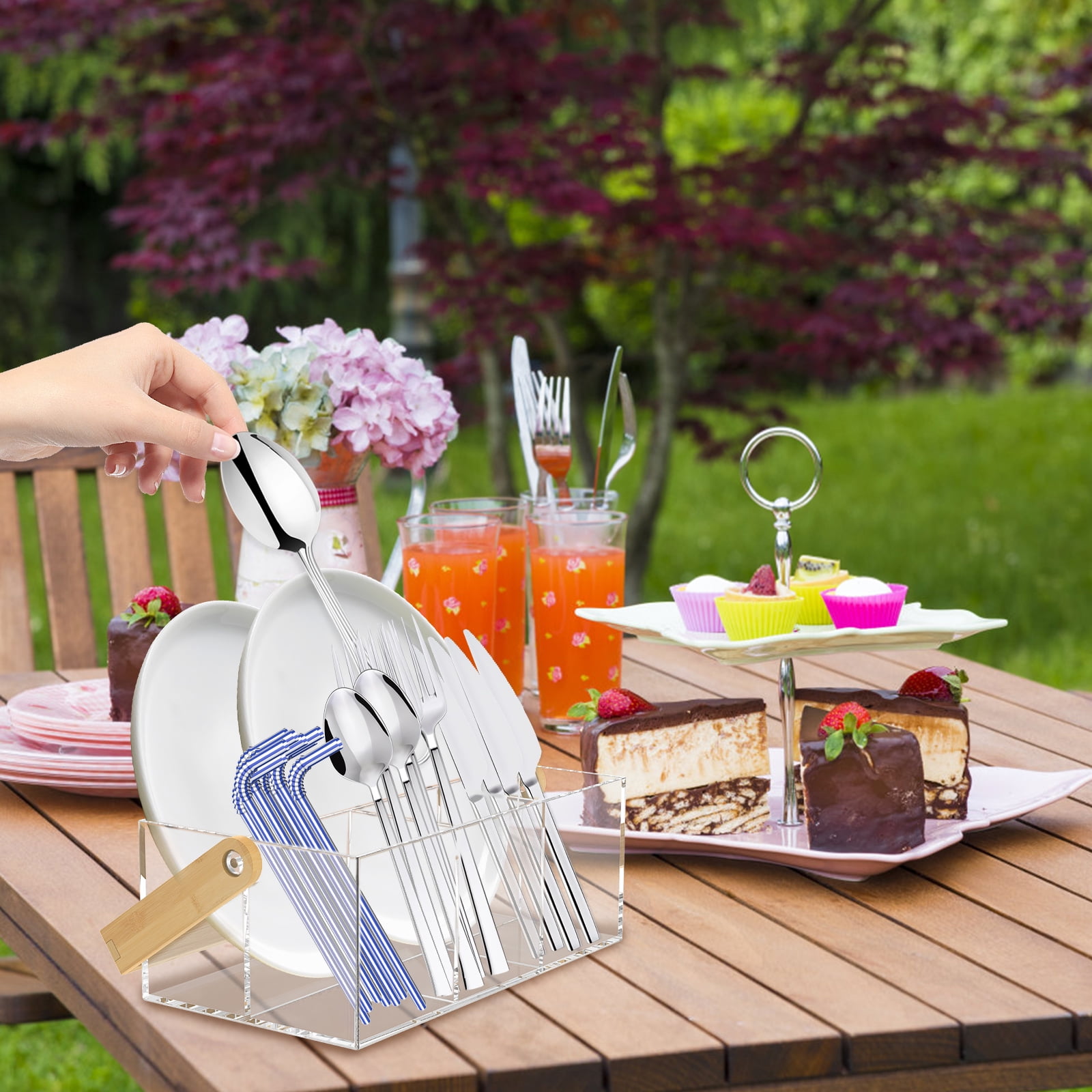 Grusce Acrylic Silverware Organizer with Handle and 4 Compartments ...