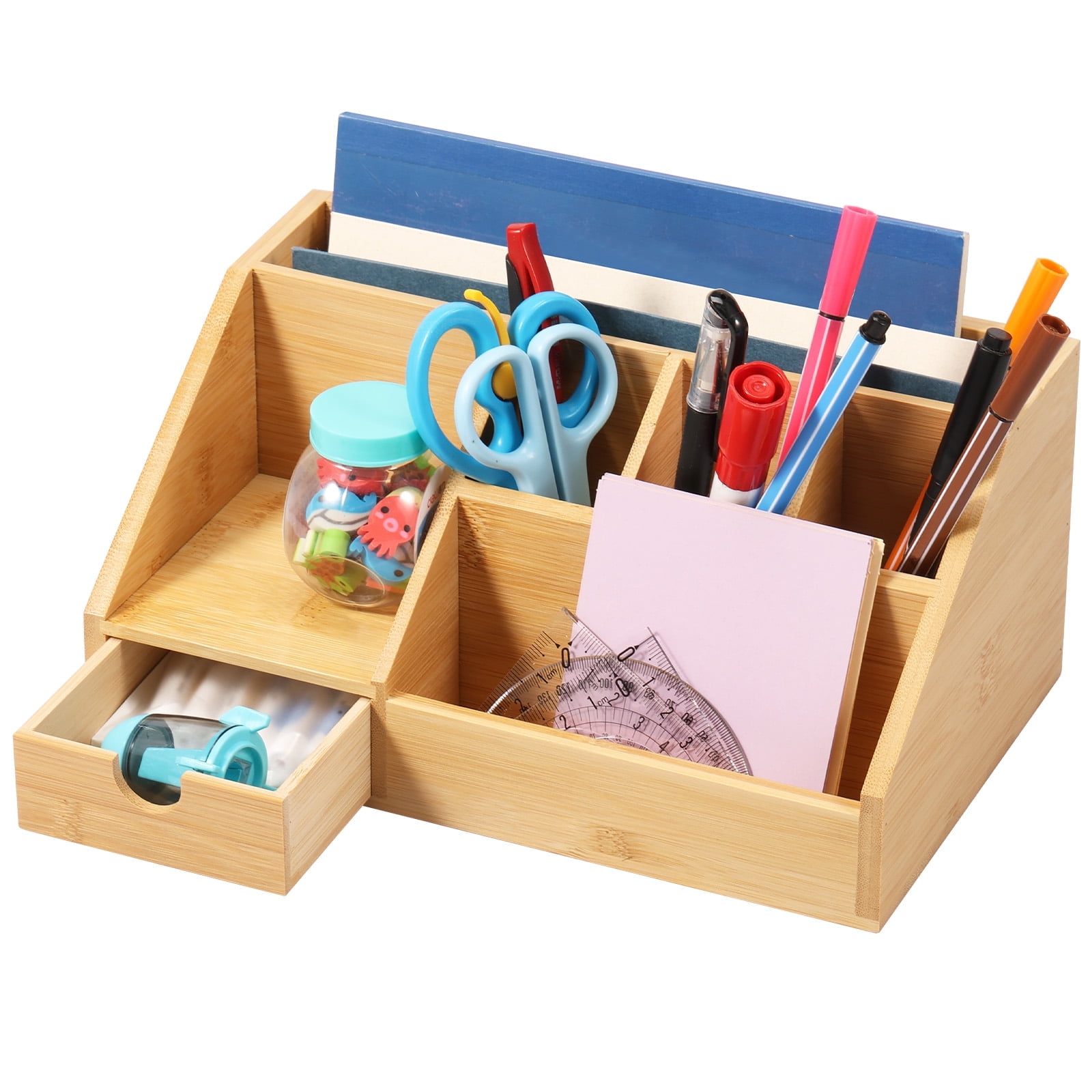 Grusce Bamboo Caddy Desk Organizer and Storage with Drawer and ...