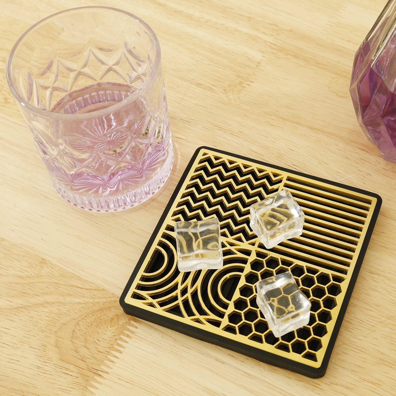 Grusce Brass Clear Ice Stamp Tray with Silicone Mat, Square Ice Cube ...