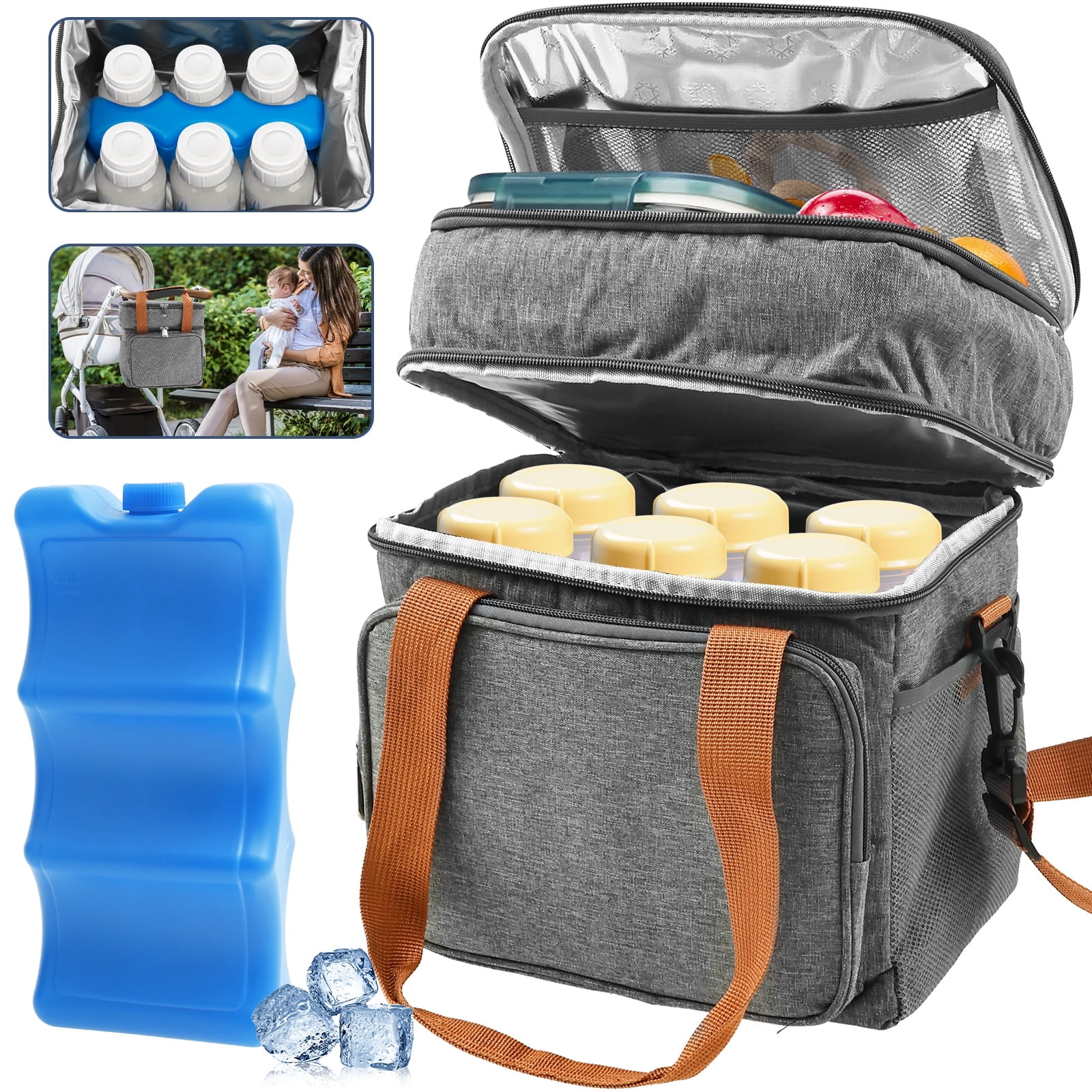 Grusce Breastmilk Cooler Bag with Ice Pack, Waterproof Insulated Baby ...