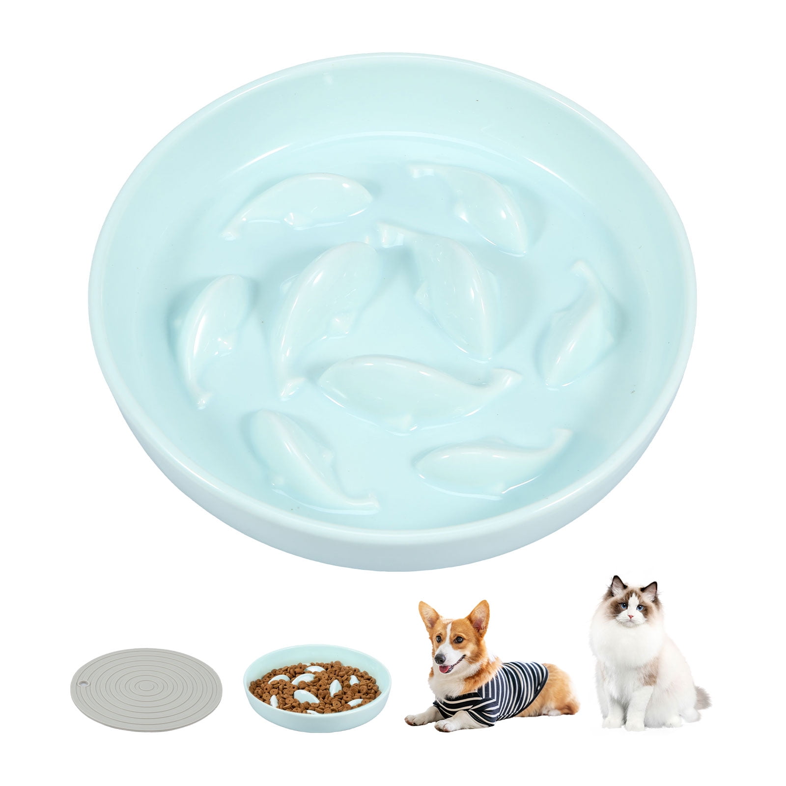 Grusce Cat Slow Feeder Bowl with Non Slip Mat Raised Edge Slow Eating ...