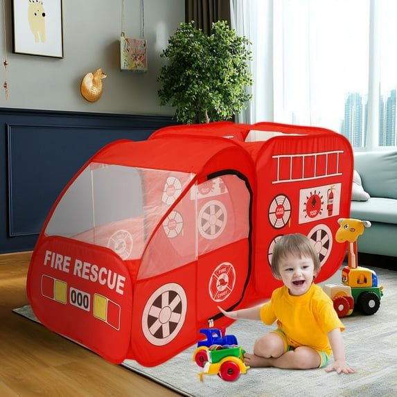 Grusce Fire Truck Play Tent for Kids Portable Pop Up Firetruck Playhouse Toy with 3 Openings ...