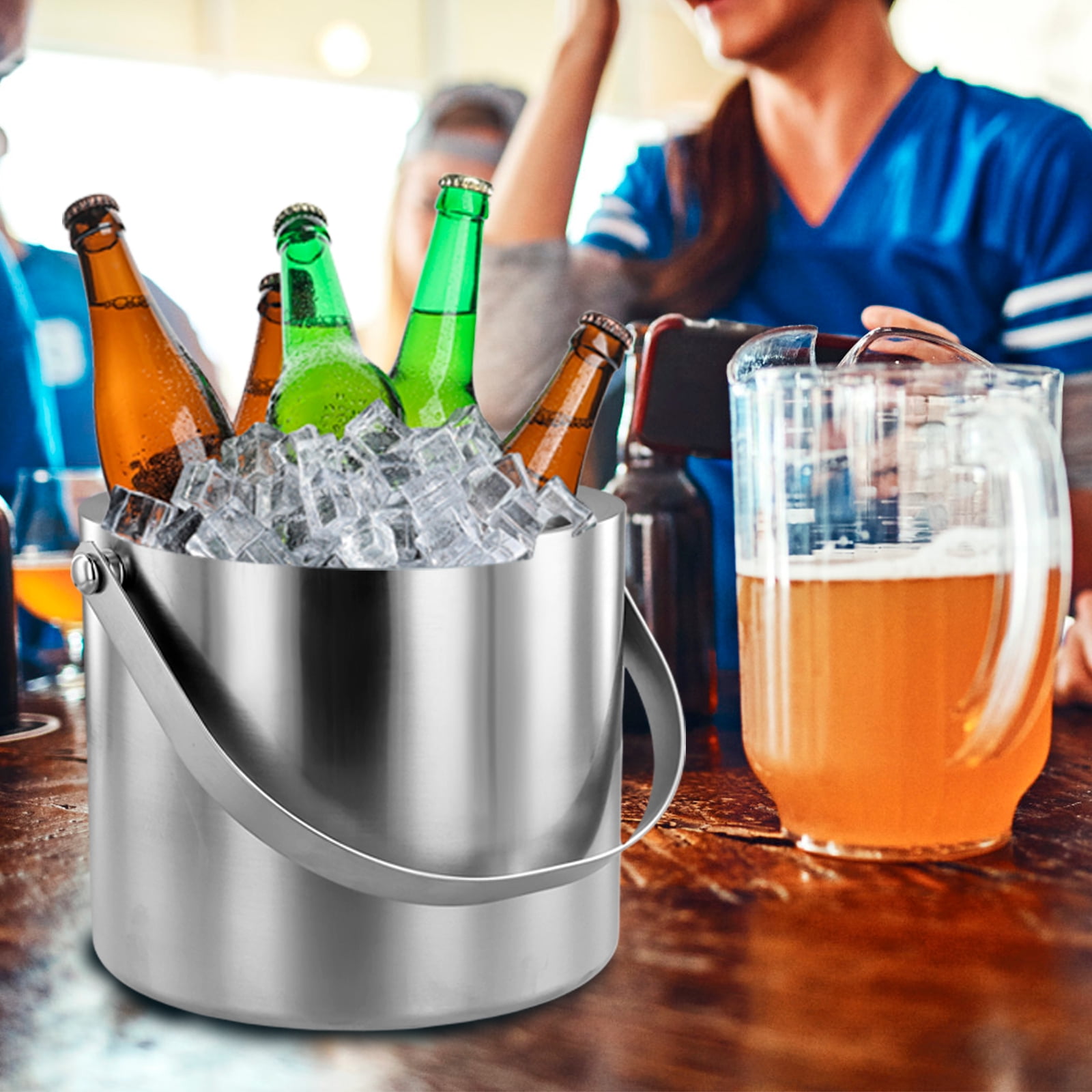 Grusce Ice Bucket with Lid Strainer Tong Double Walled Stainless Steel ...