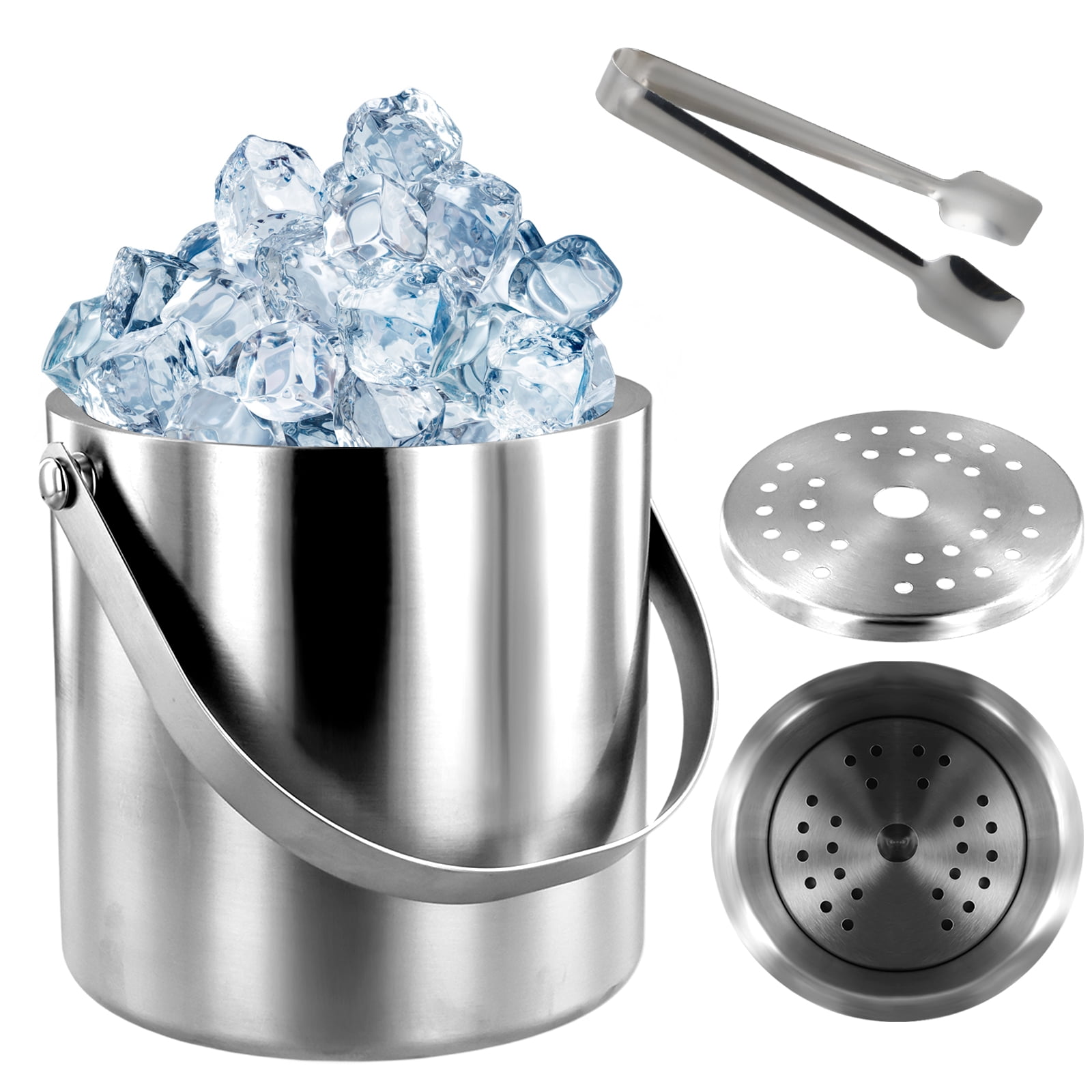 Grusce Ice Bucket with Lid Strainer Tong Double Walled Stainless Steel ...