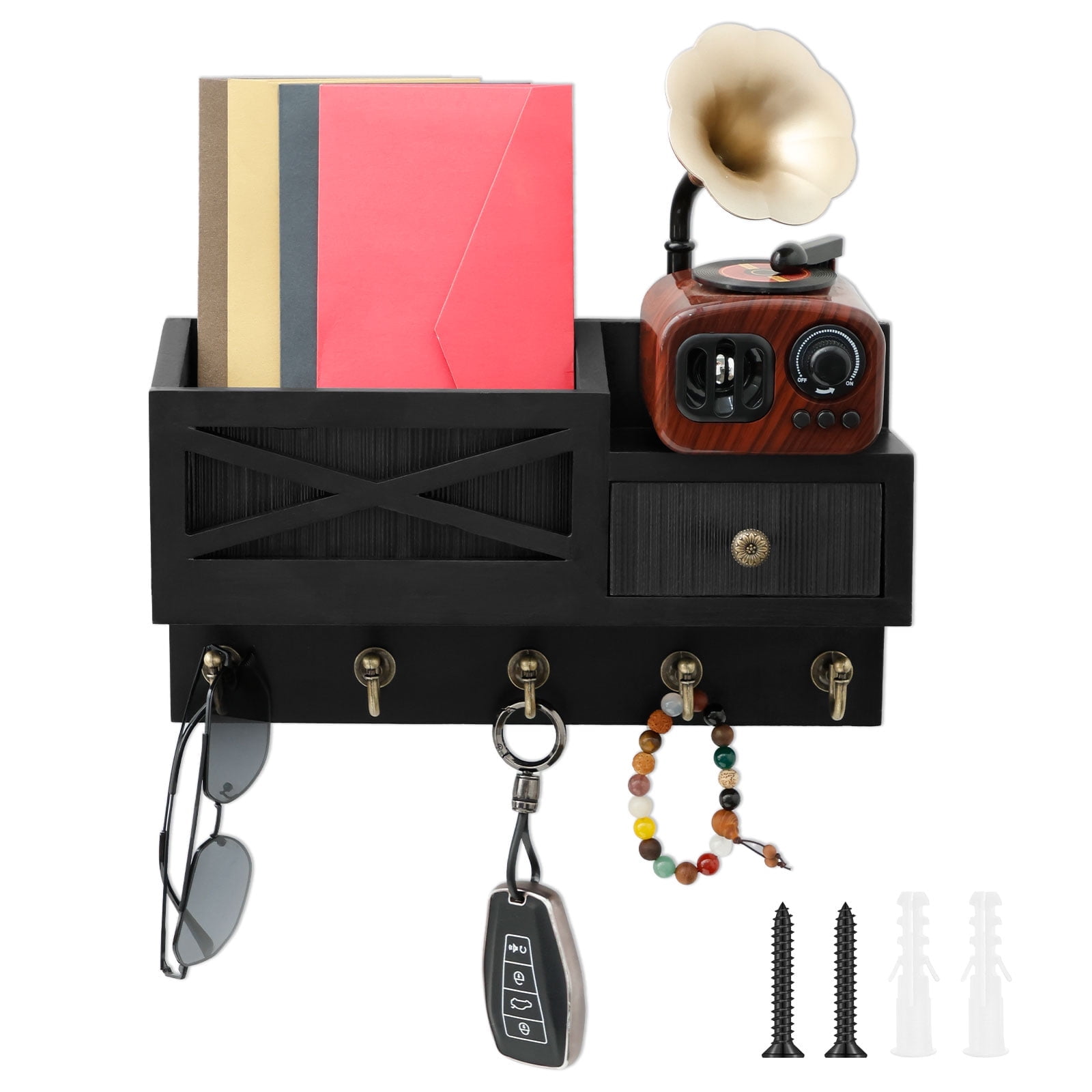 Grusce Key Holder Wall Mount, Wooden Rustic Mail and Key Organizer with ...