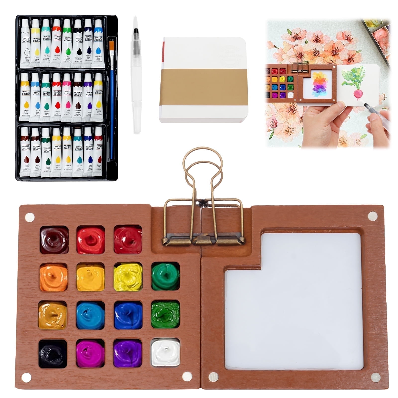 NUAHRHY Mini Watercolor Paint Set, Pocket Palette Travel Kit with 15 ...