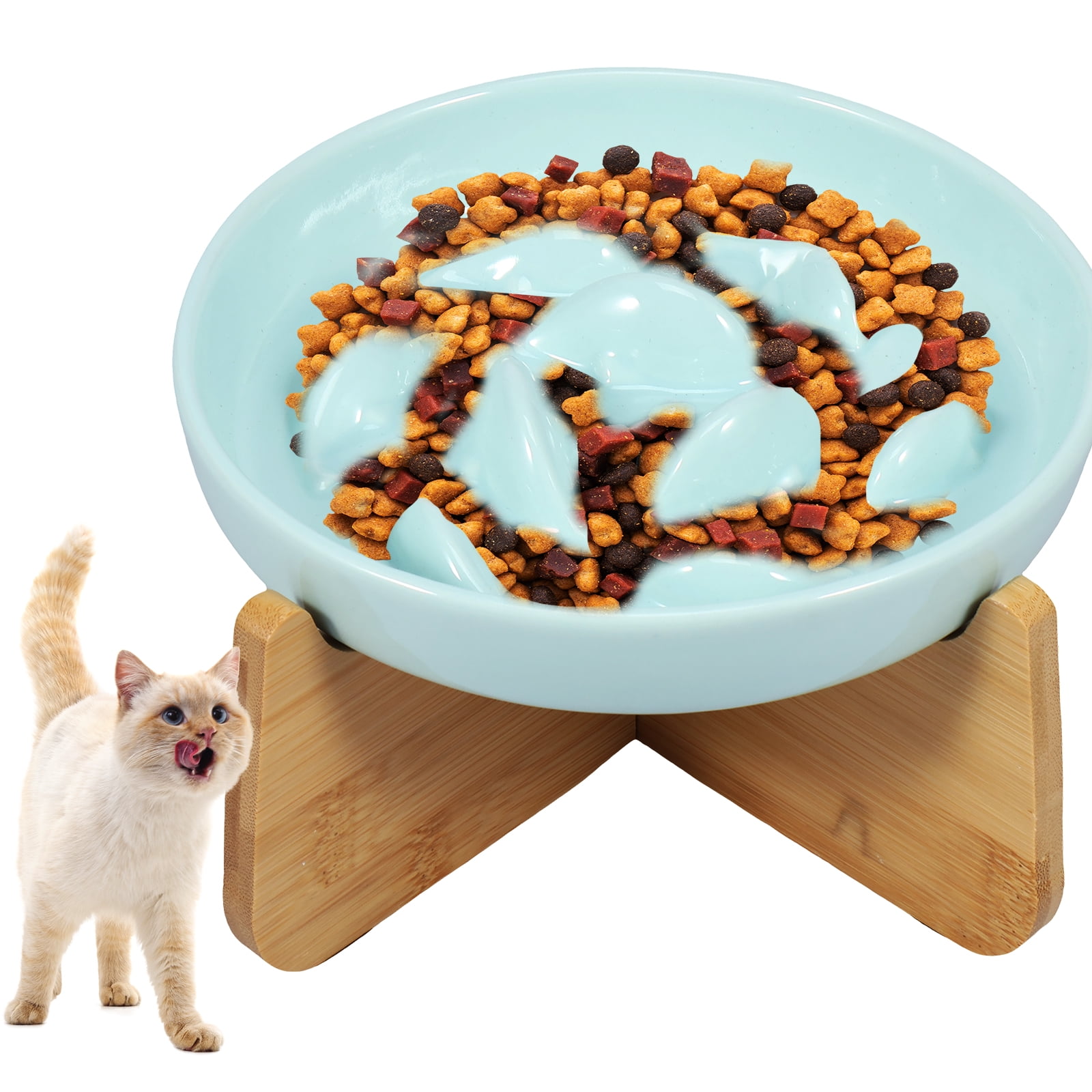 Grusce Raised Cat Bowl Elevated Cat Bowls with Wood Stand Ceramic ...