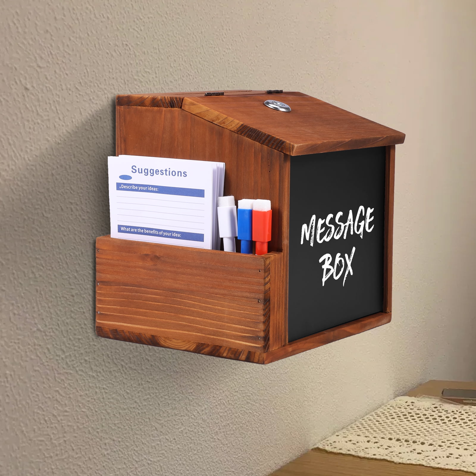 Grusce Wooden Suggestion Box with Slot and Lock, Rustic Burnt Wood ...