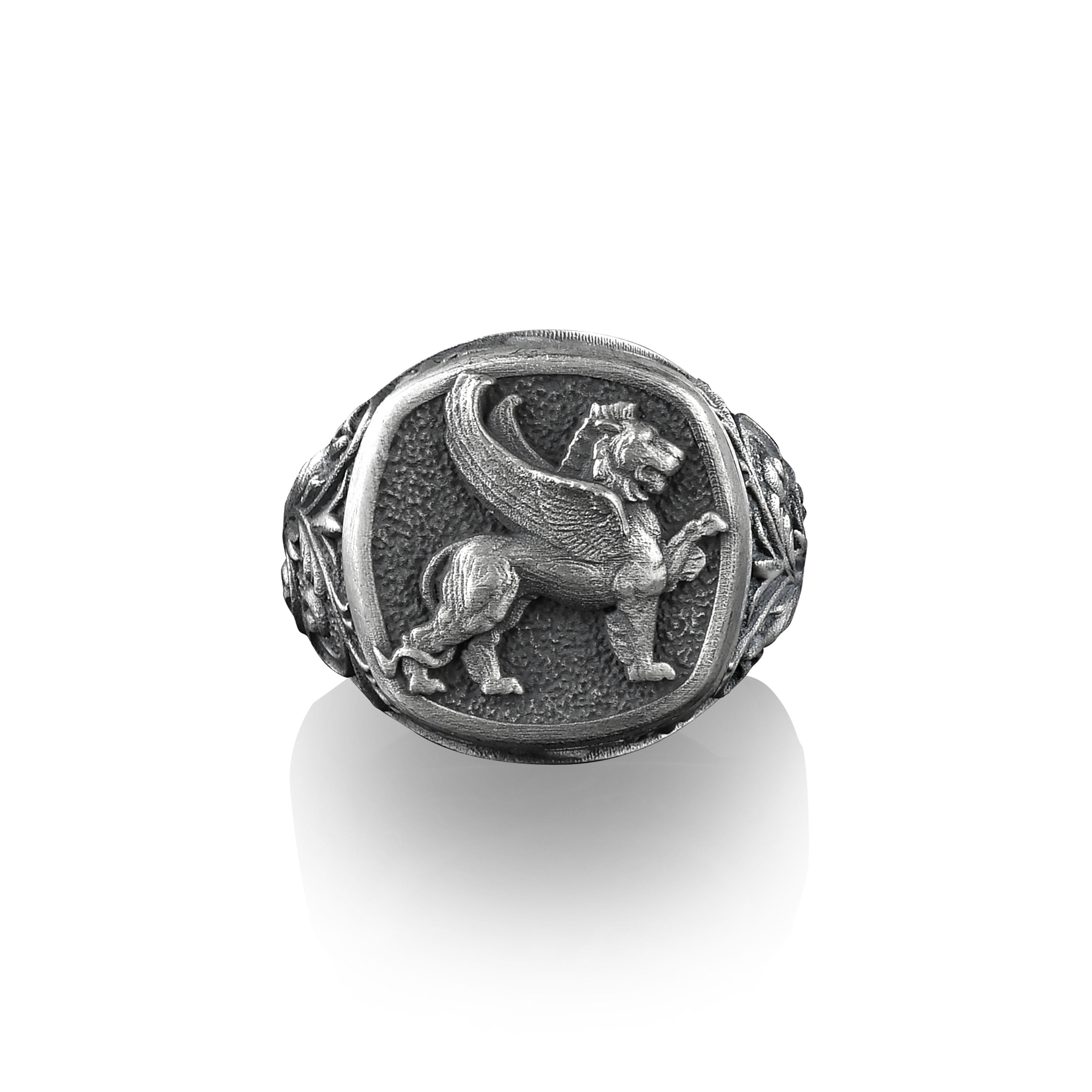 Gryphon Lion Square Signet Ring, Lion Bodied Eagle Headed Mythical ...