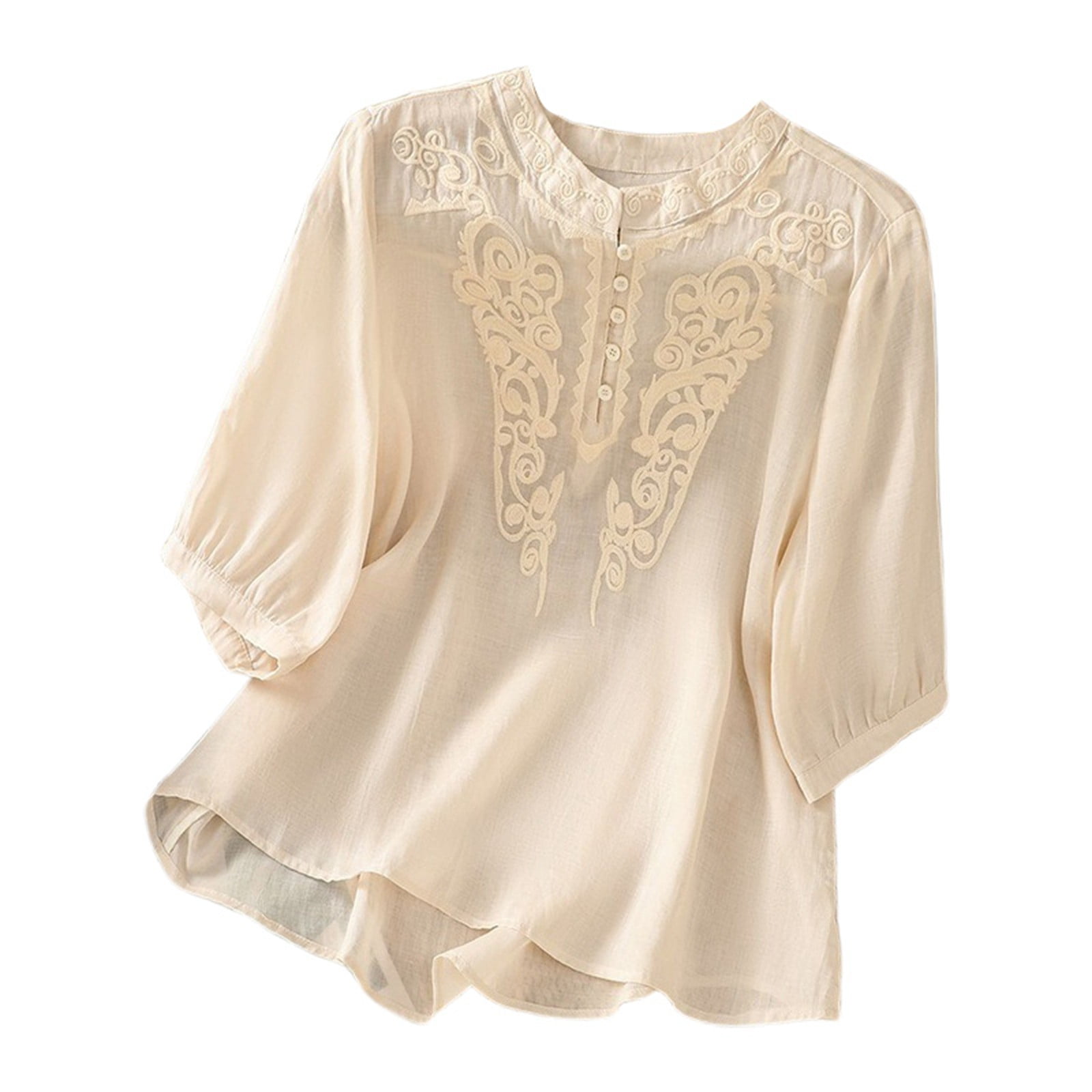 Gtoiithly Women's Lightweight Linen Blend Embroidered Blouse, Bohemian ...