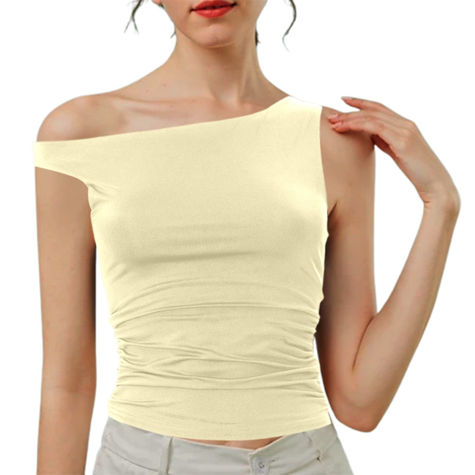 Gtoiithly Women's Summer Solid Color Off Shoulder Pleated Strapless ...