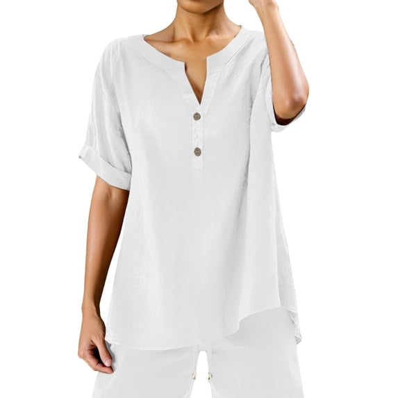 Gtoiithly Women's V-Neck Button Solid Color Short Sleeve Summer Loose ...