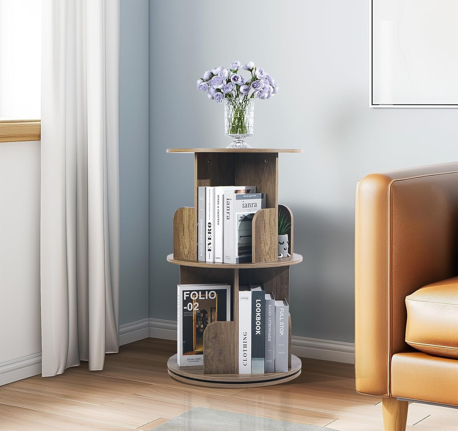 Gtouse 2 Tier Rotating Bookshelf, 360° Wooden Floor Standing Bookcase ...