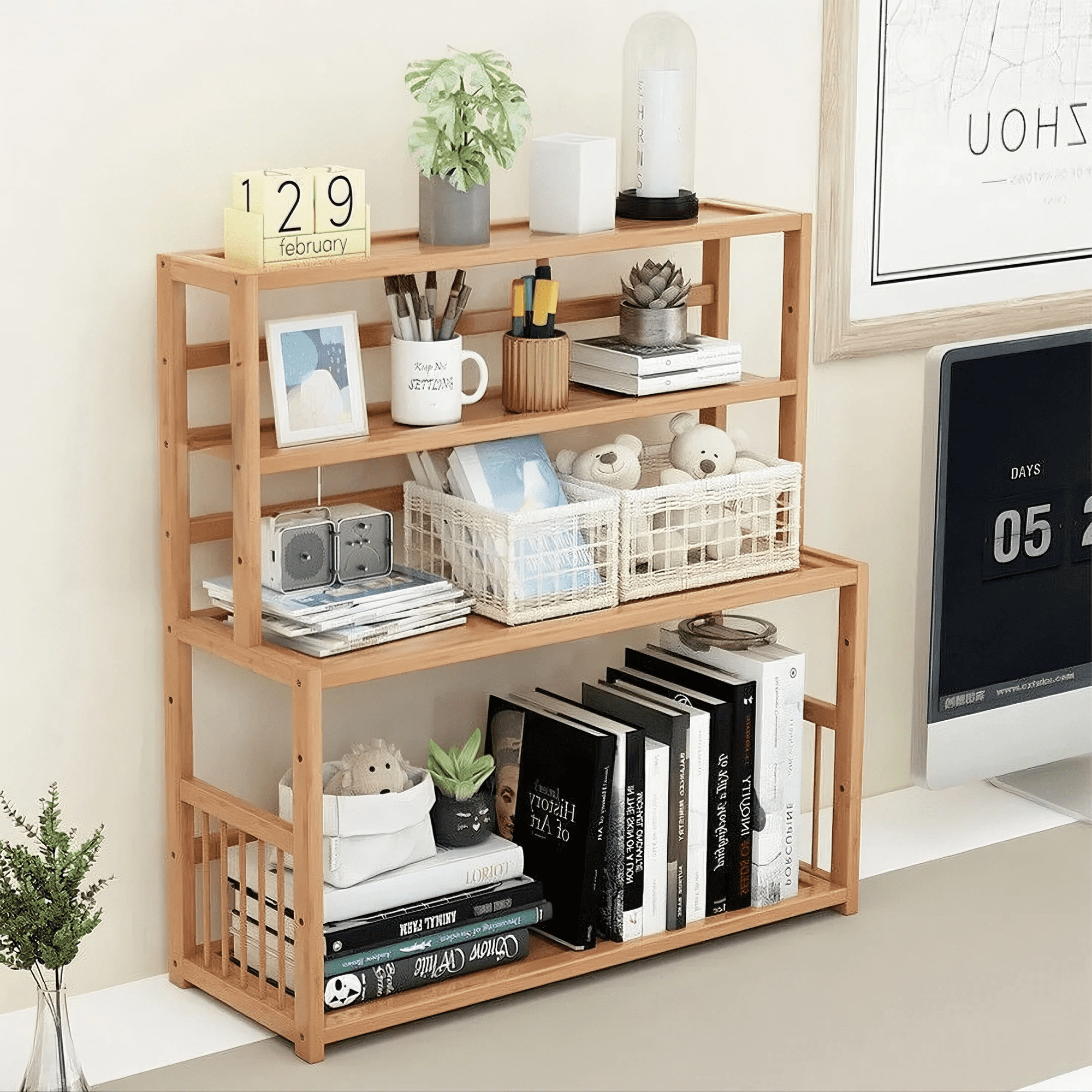 Gtouse 4 Shelf Bamboo Bookcase, Desktop Bookshelf, Plants Display ...