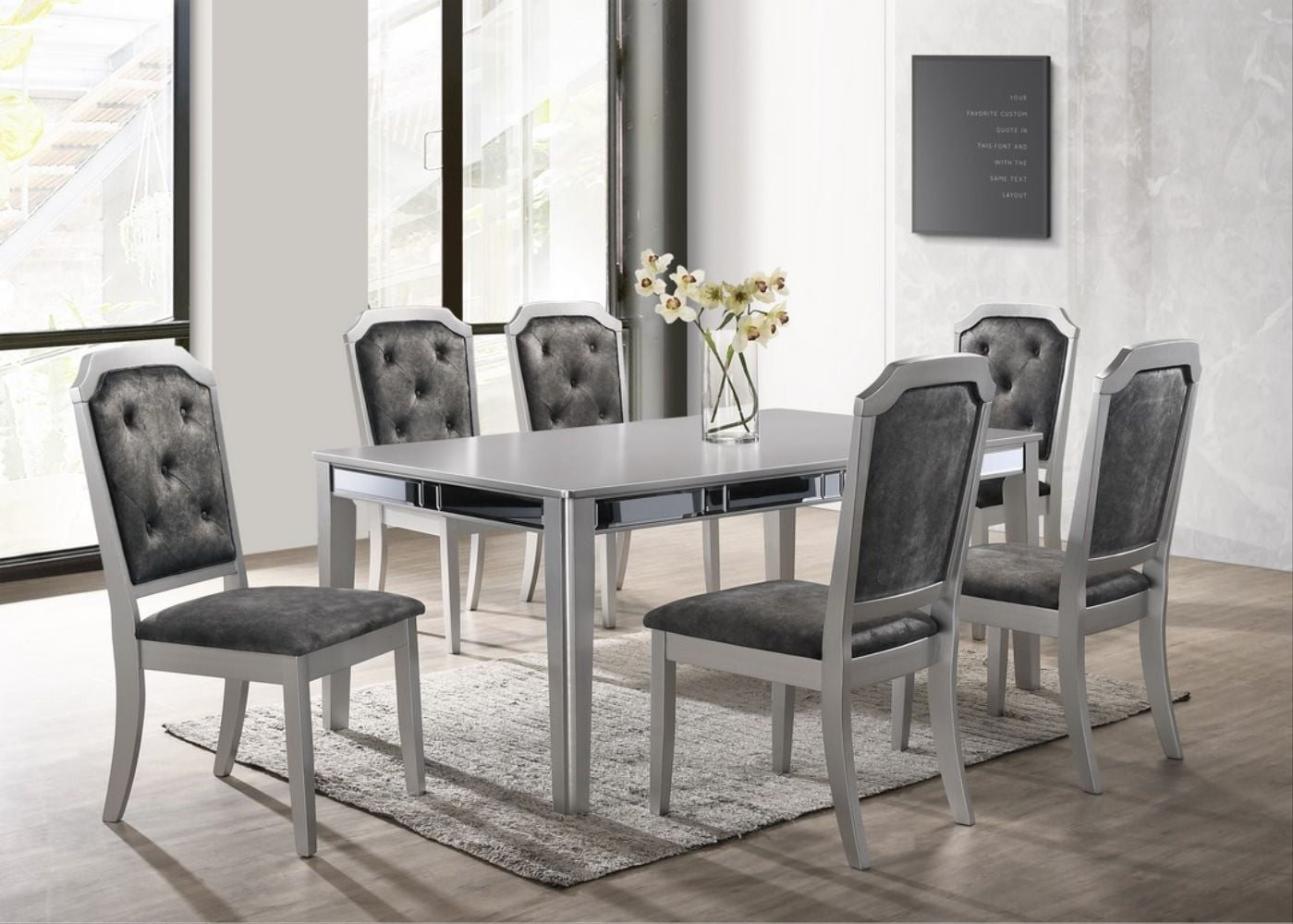 GTU Furniture 7-Piece Grey/Silver Dining Set with Mirror Trim Table and ...
