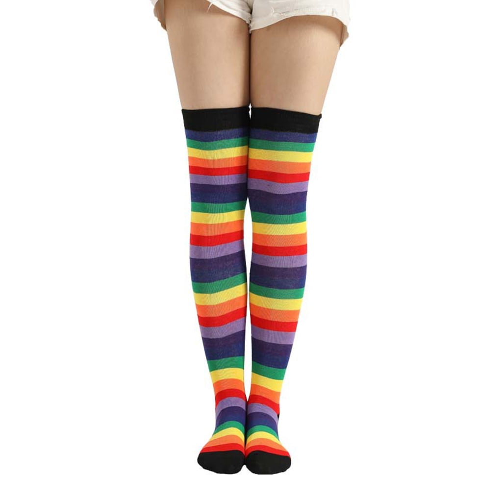 Guaber Sock,Women Girls Fancy Rainbow Colorful Stripes Over Knee Long ...